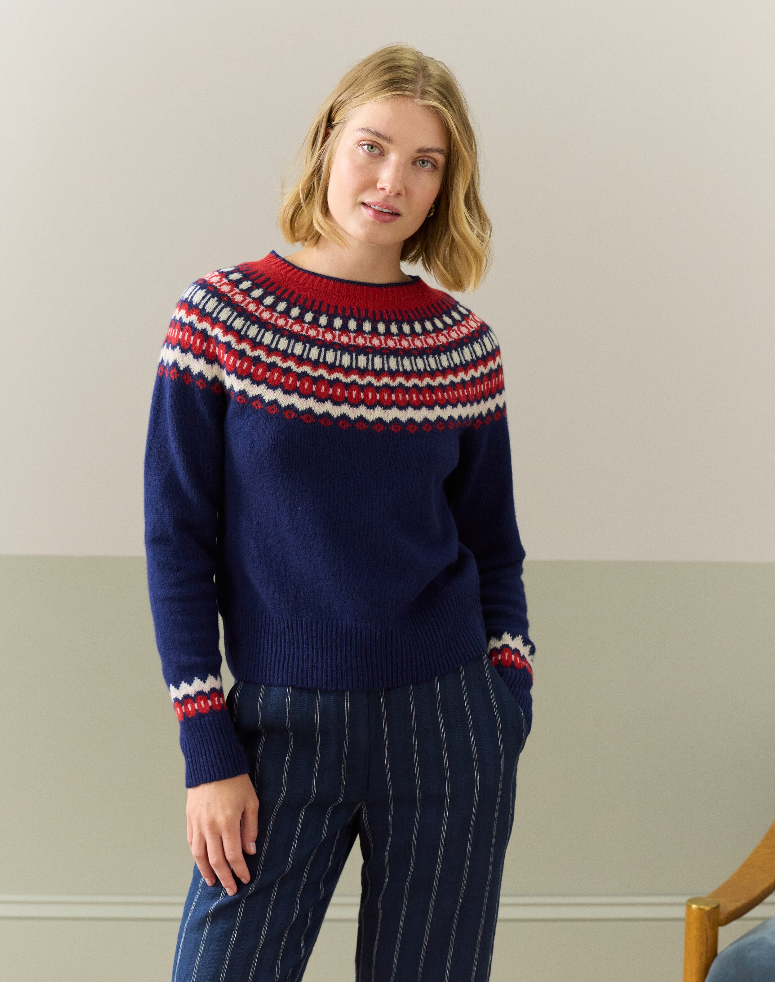 Lambswool Fairisle Yoke Jumper in Navy | Women's | Brora