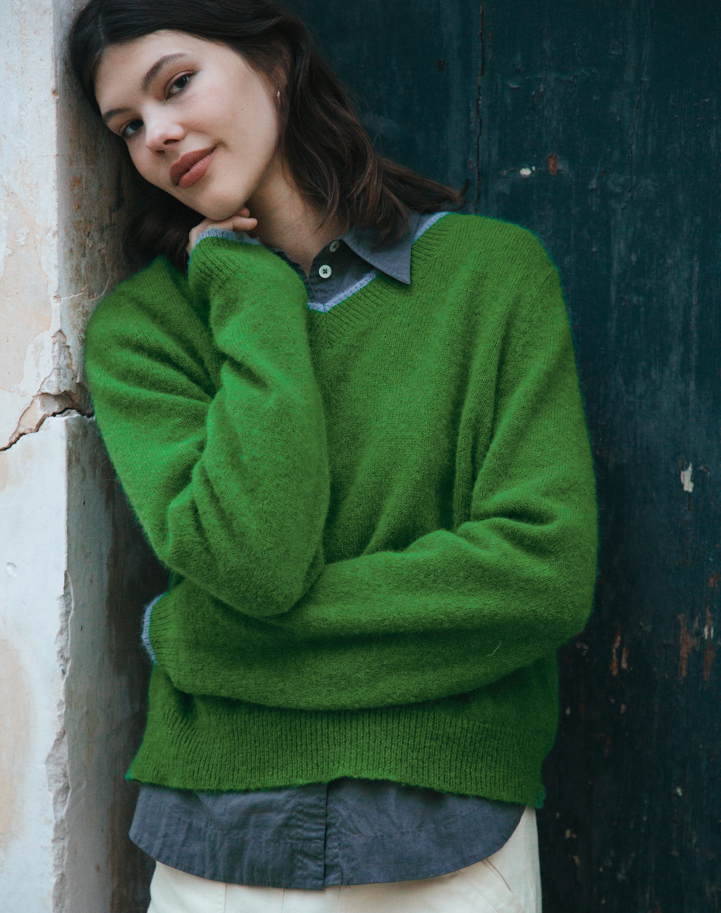 Alpaca V Neck Jumper in Meadow | Womenswear | Brora Fashion