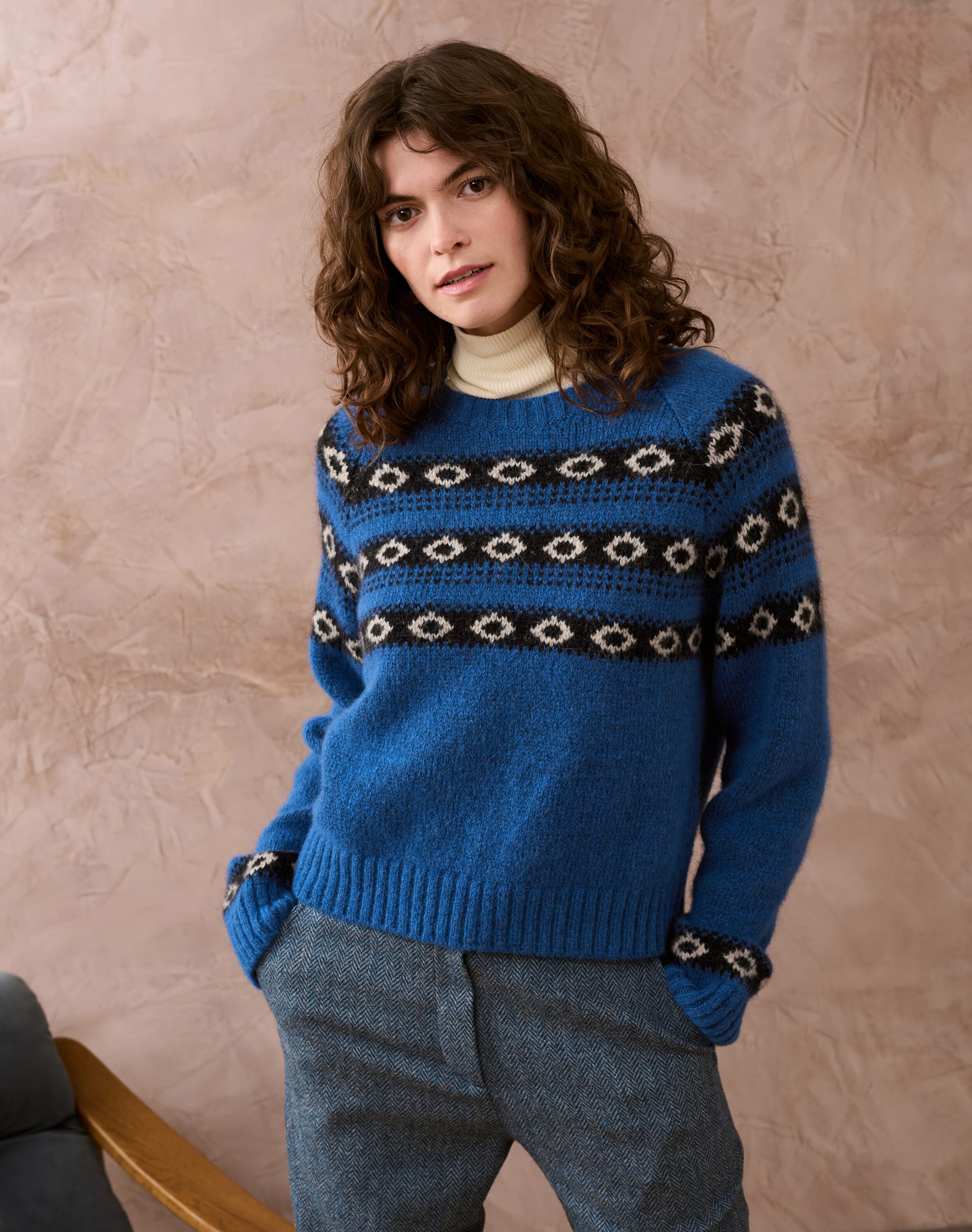 Cobalt Alpaca Fair Isle Yoke Jumper | Women's Knitwear | Brora