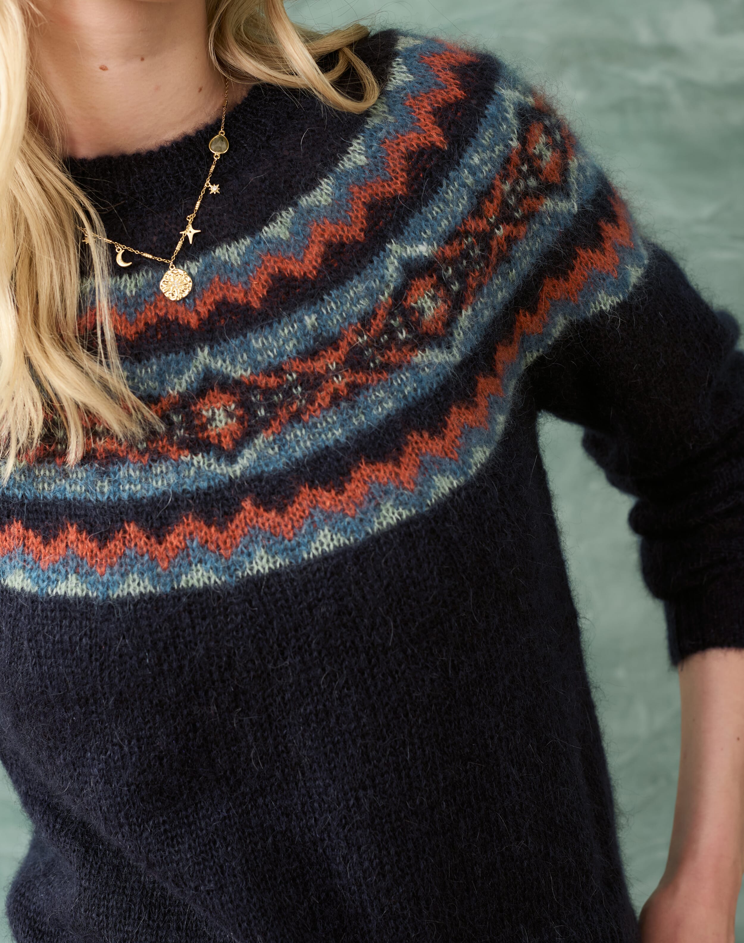 Women's Mohair Fair Isle Yoke Jumper in Swallow | Brora Sale
