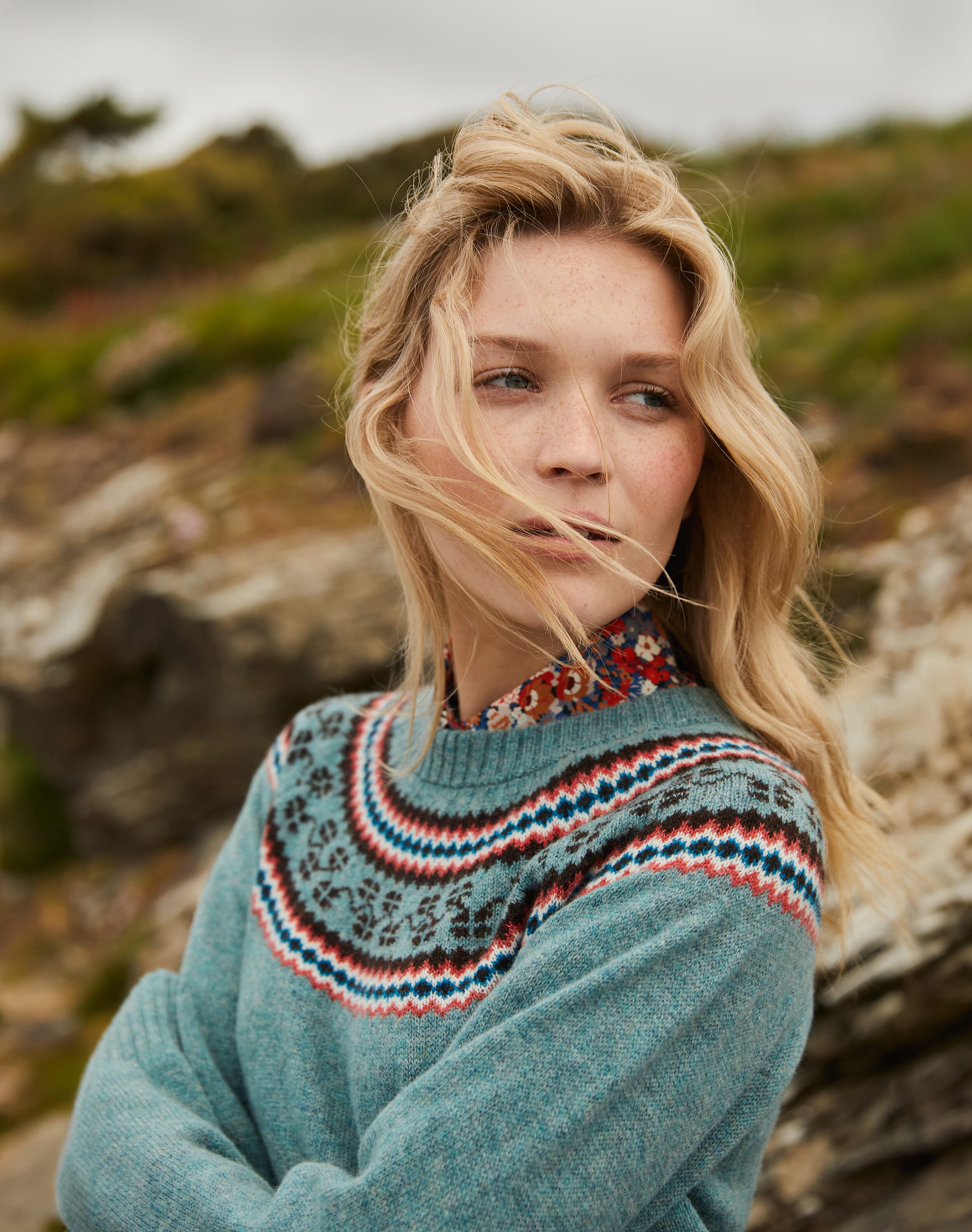 Blue Merino Lambswool Fair Isle Yoke Jumper | Knitwear | Brora