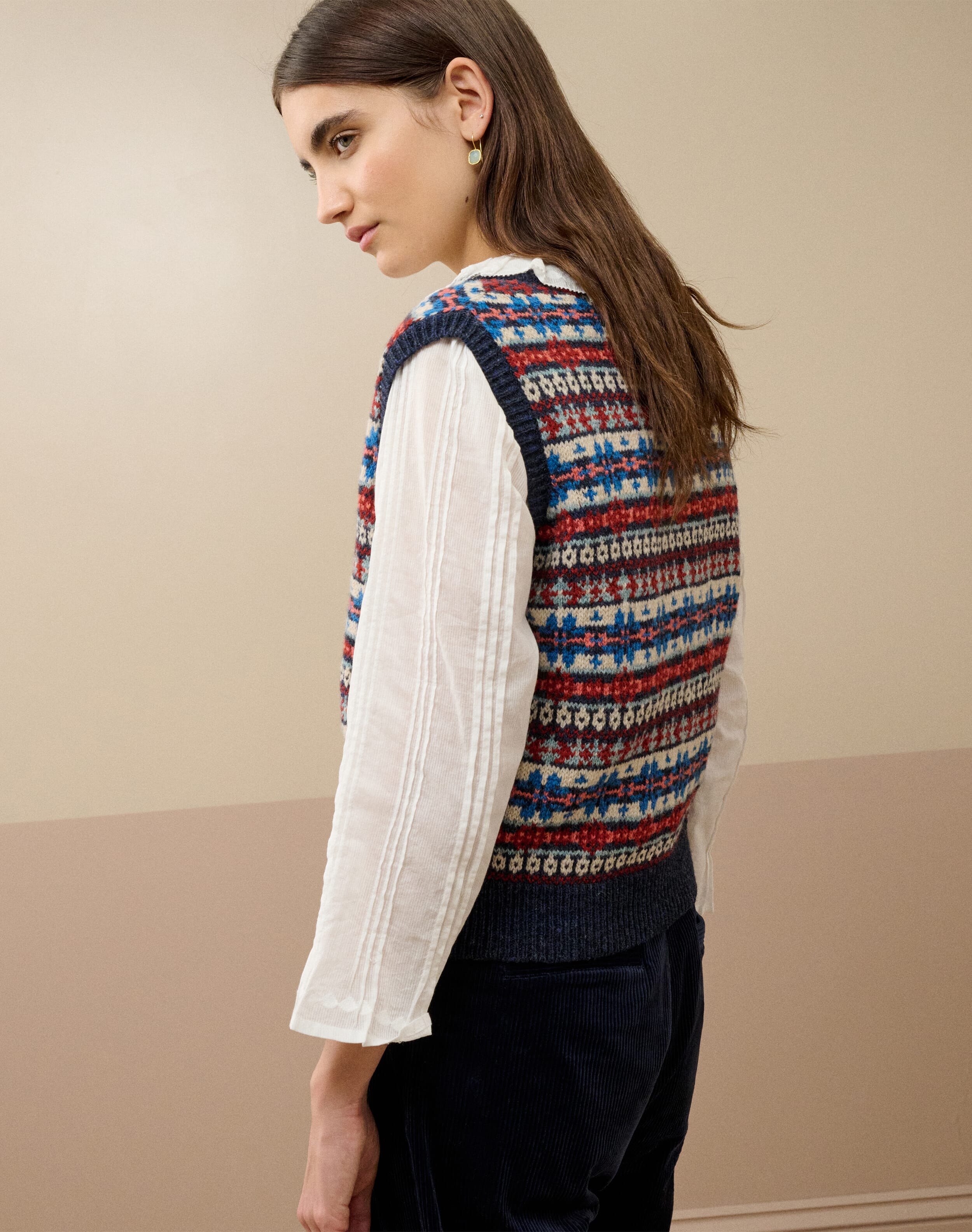Wool Fair Isle Sleeveless Cardigan in Navy | Brora Clearance