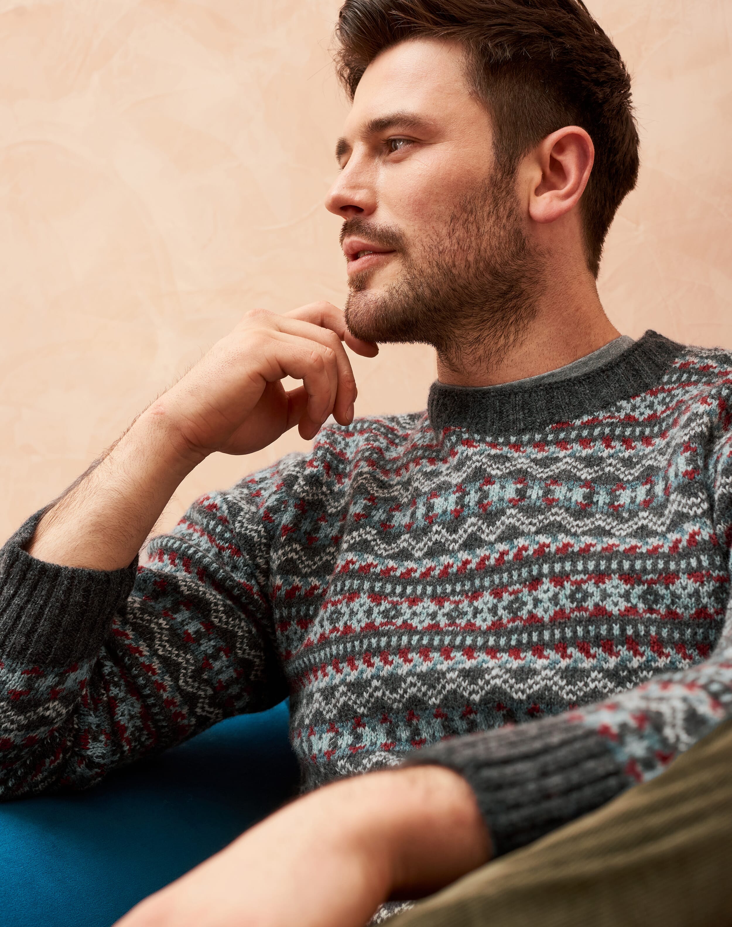 Wool Fair Isle Jumper in Slate | Men's Knitwear | Brora