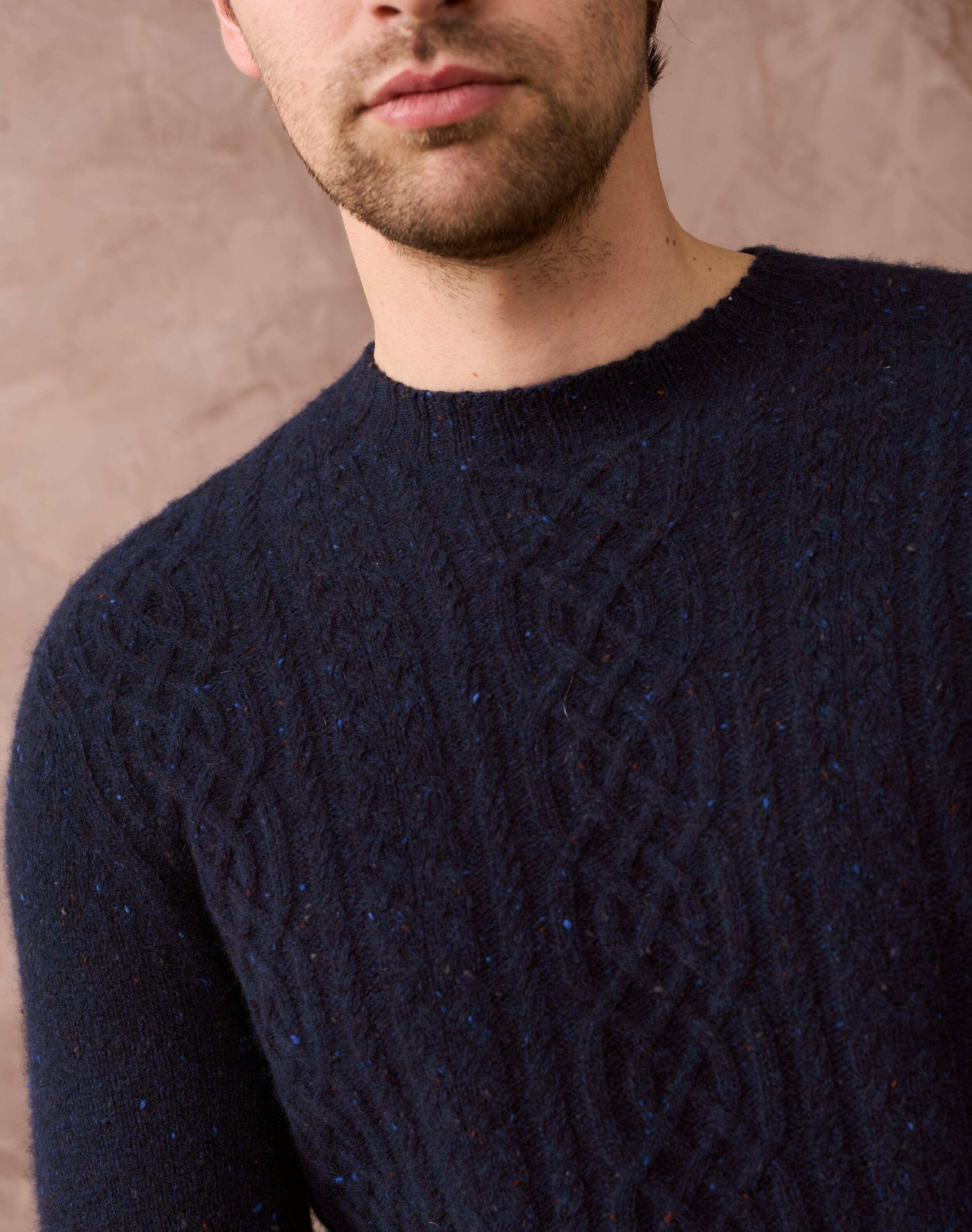 Navy Wool Donegal Aran Jumper | Men's Knitwear | Brora