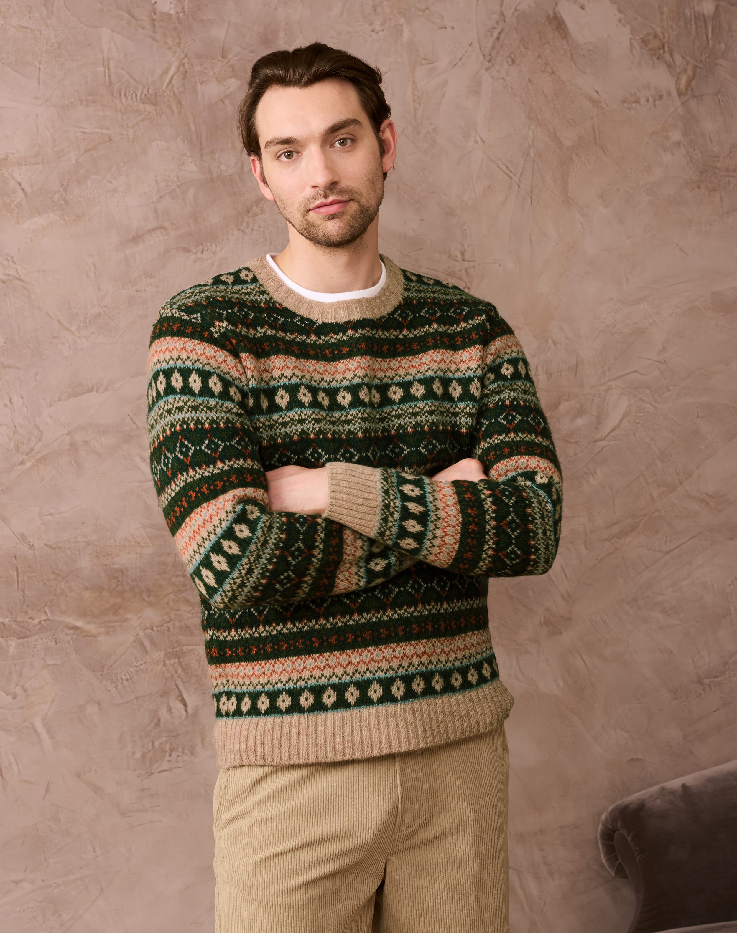 Wool Fair Isle Jumper in Oatmeal | Men's Knitwear | Brora