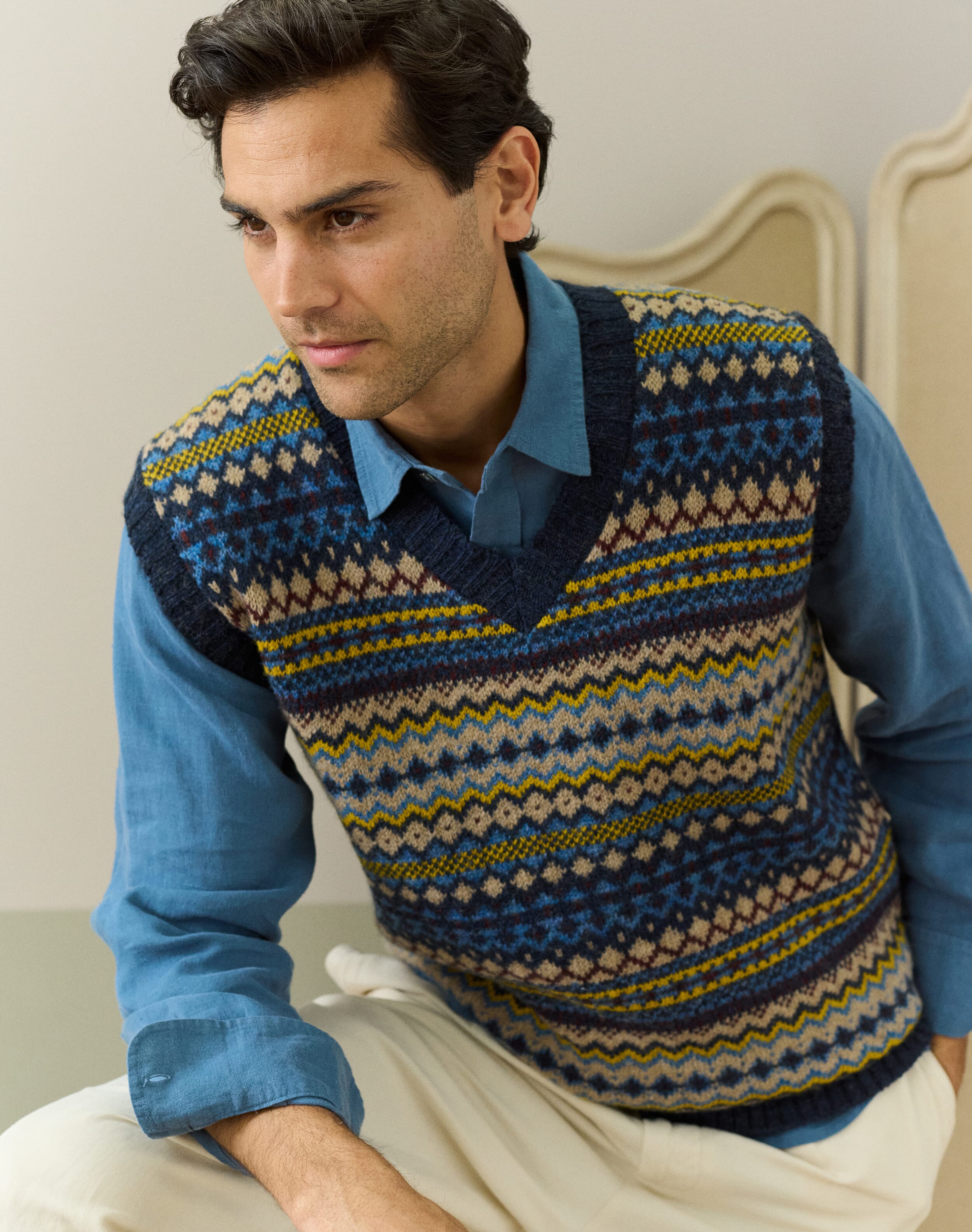 Wool Fair Isle Tank in Navy| Men's Fashion | Brora