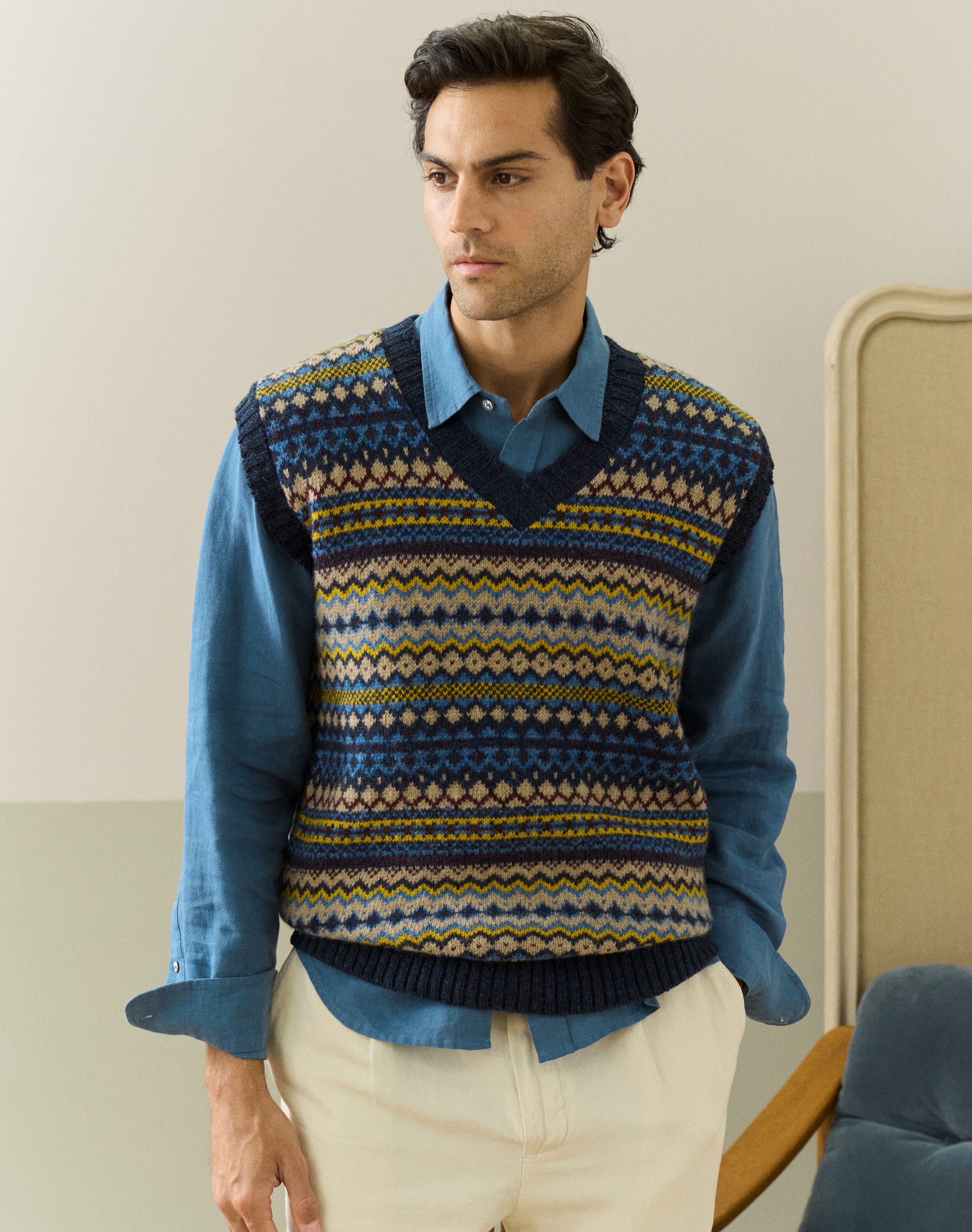 Wool Fair Isle Tank in Navy| Men's Fashion | Brora