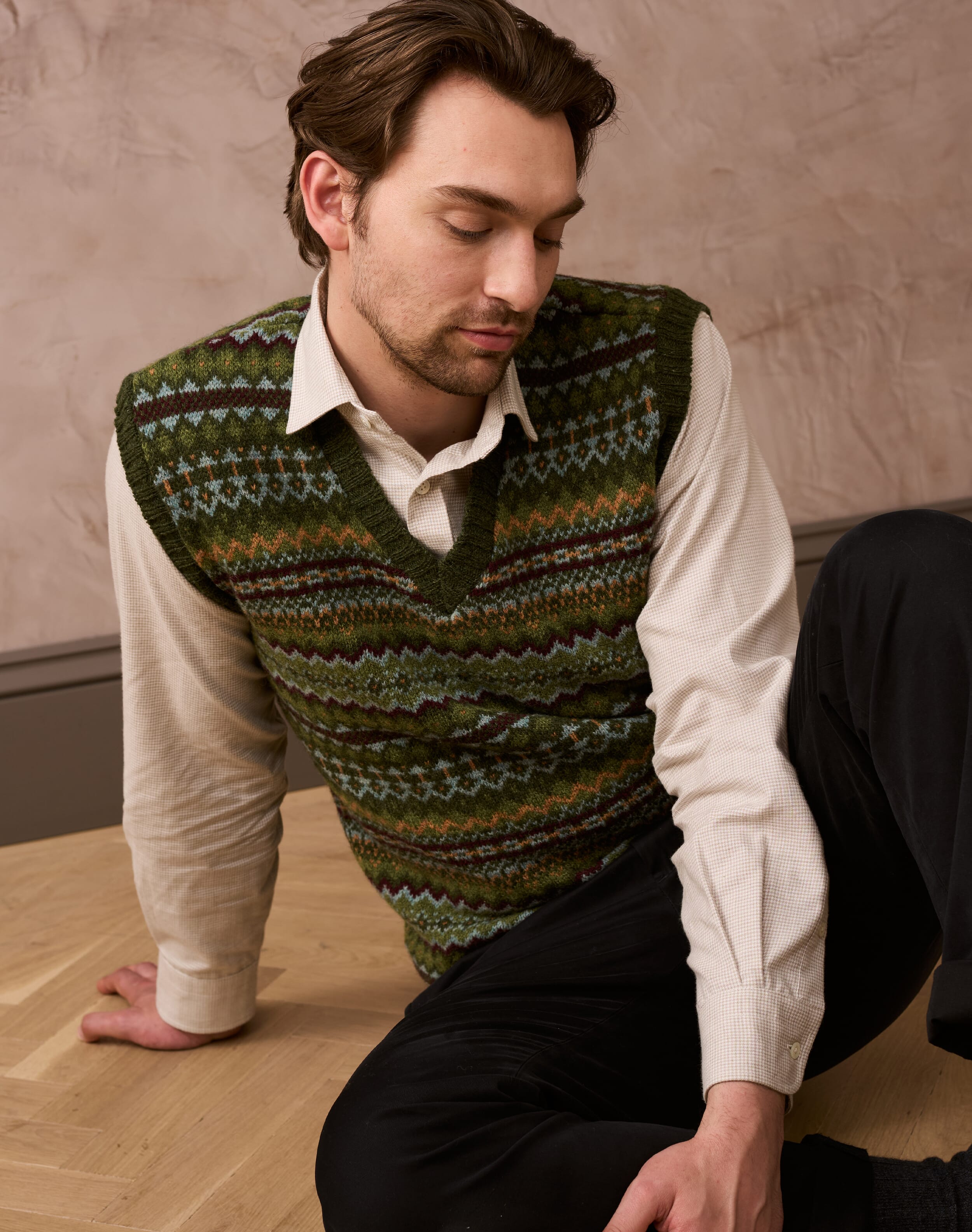 Wool Fair Isle Tank in Moss | Men's Knitwear | Brora