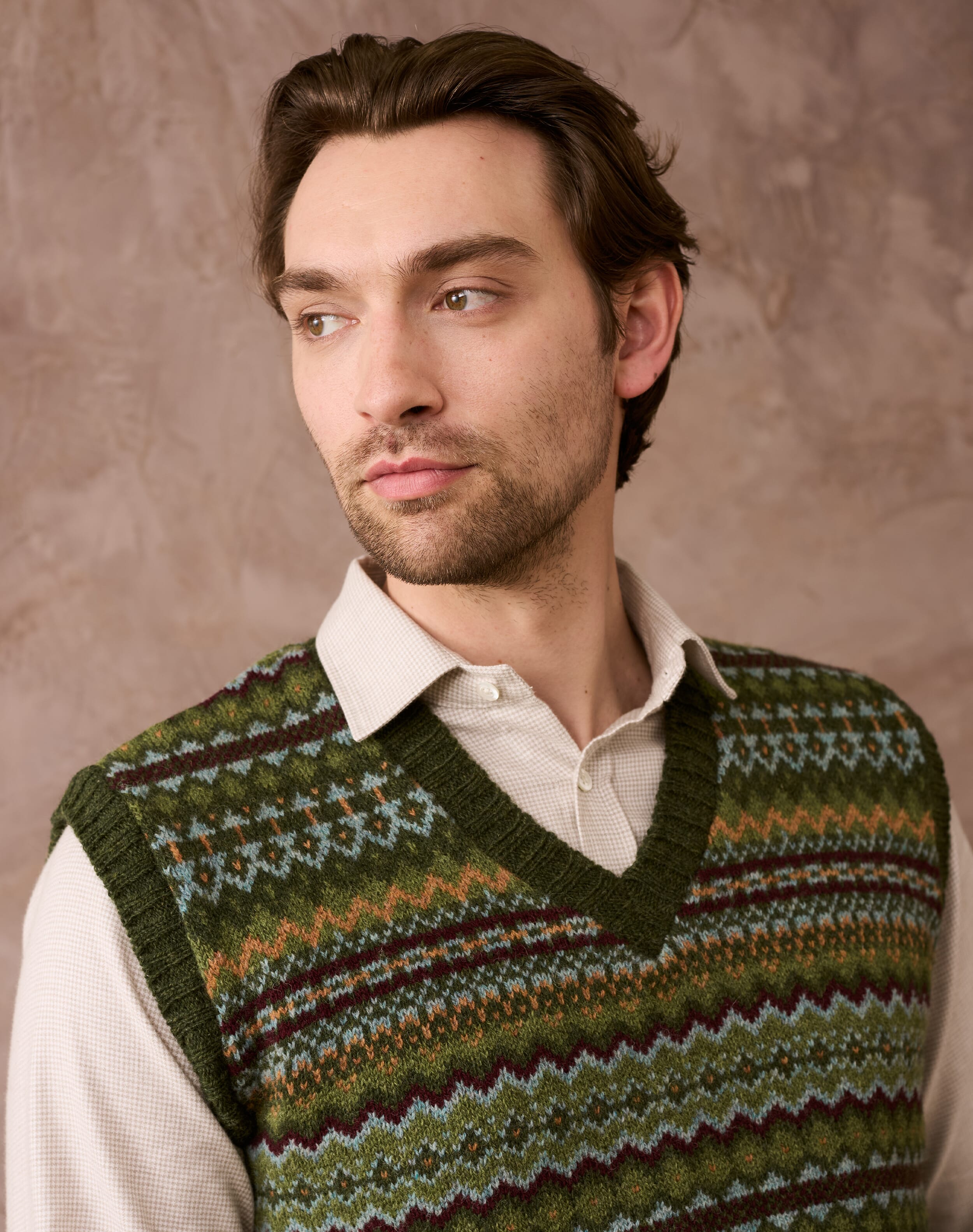 Wool Fair Isle Tank in Moss | Men's Knitwear | Brora