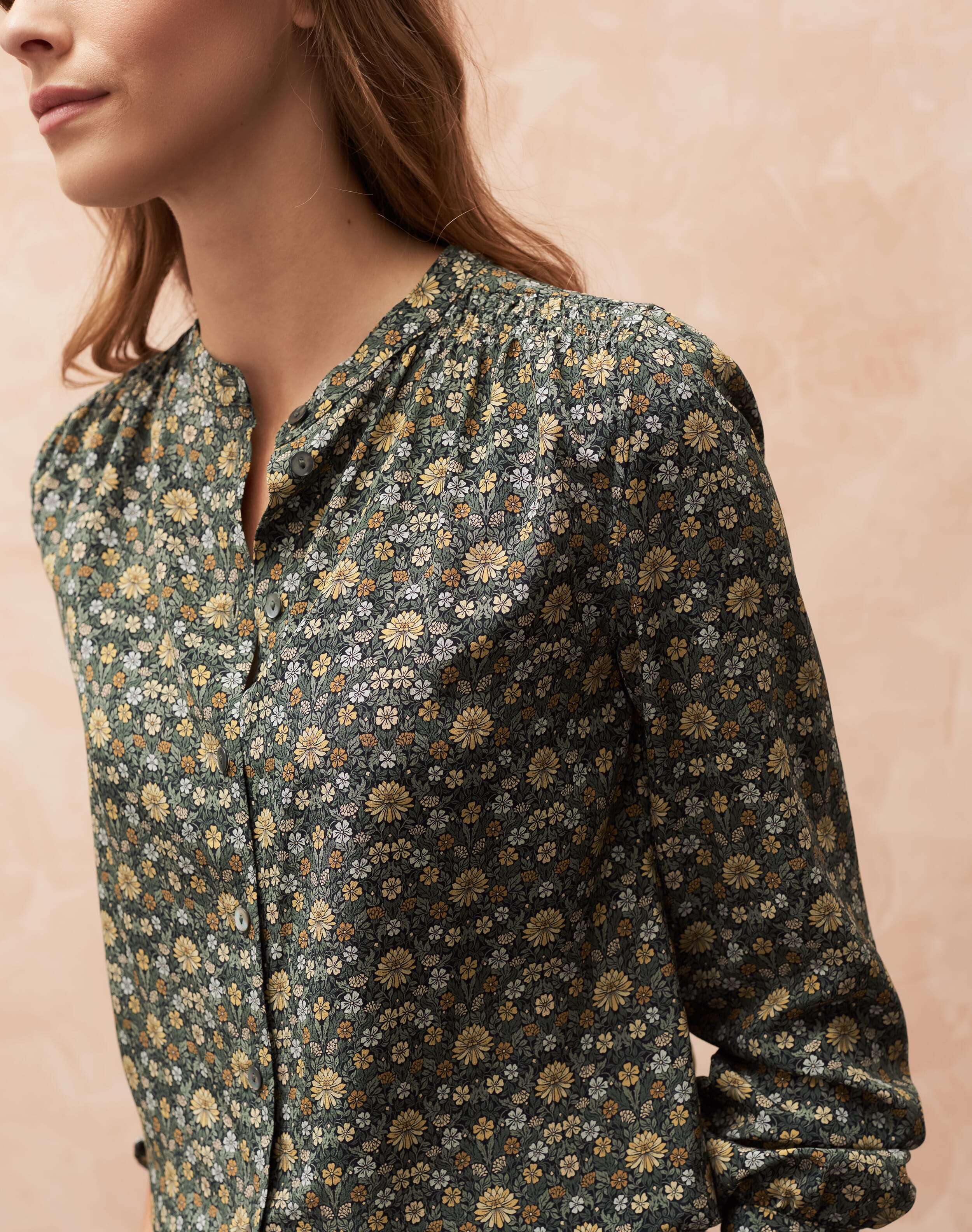 Liberty Print Silk Smocked Shirt in Olive Meadow | Blouses | Brora