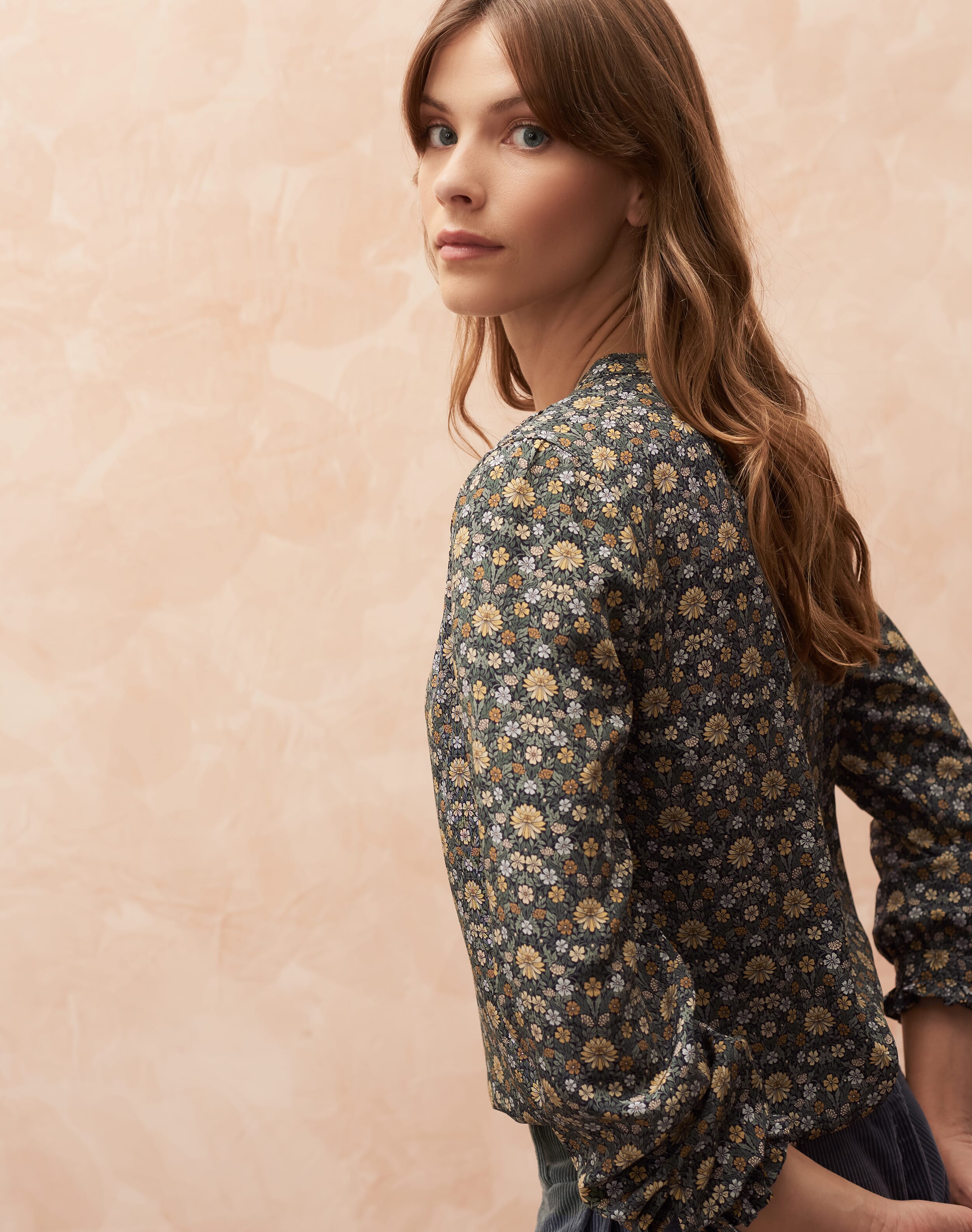 Liberty Print Silk Smocked Shirt in Olive Meadow | Blouses | Brora