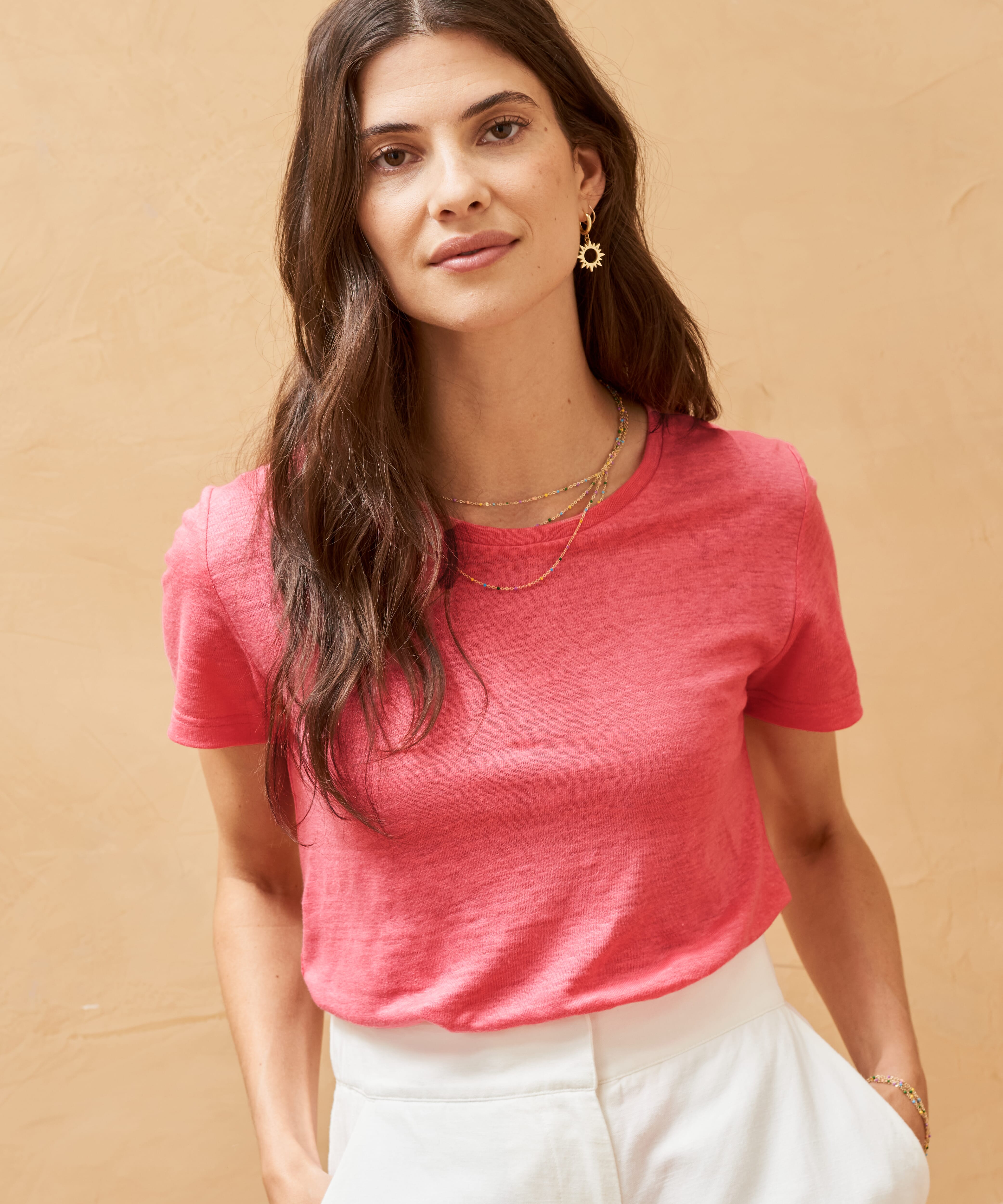 Pink Linen Knit T-Shirt | Women's Tops | Brora Fashion