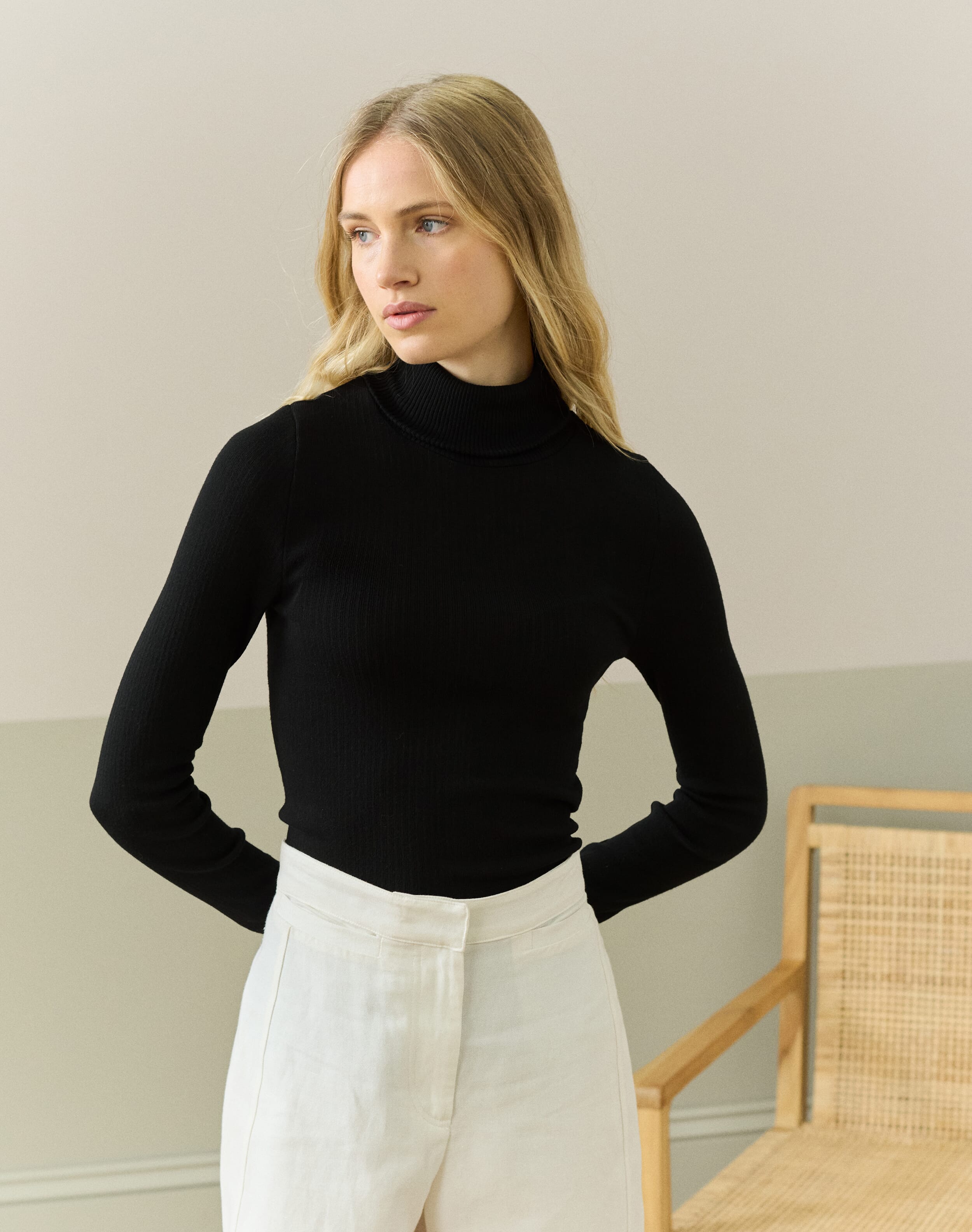 Ribbed Polo Neck in Black | Women's Tops & Thermals | Brora