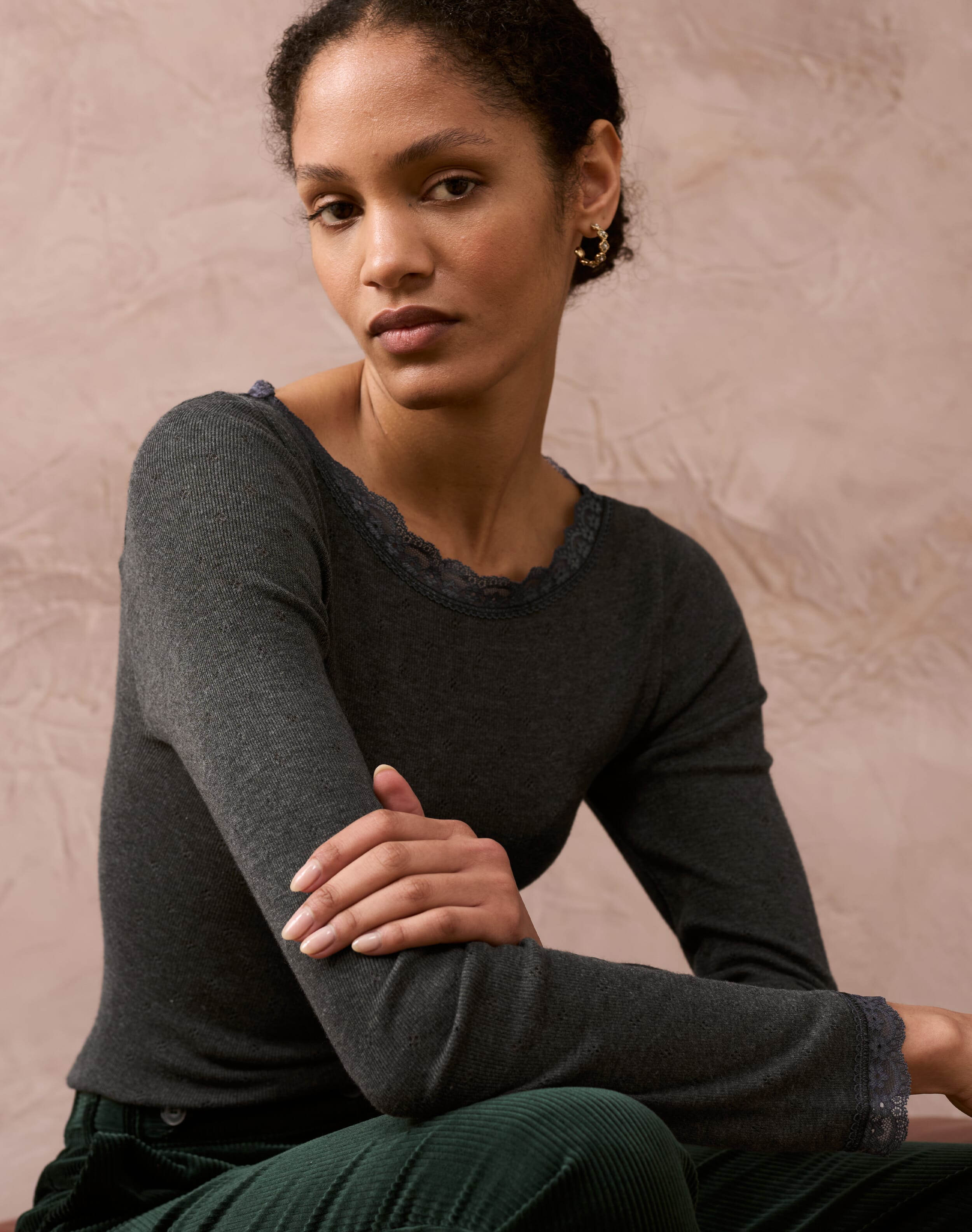 Steel Lace Trim Scoop Neck Top | Women's Tops | Brora Fashion