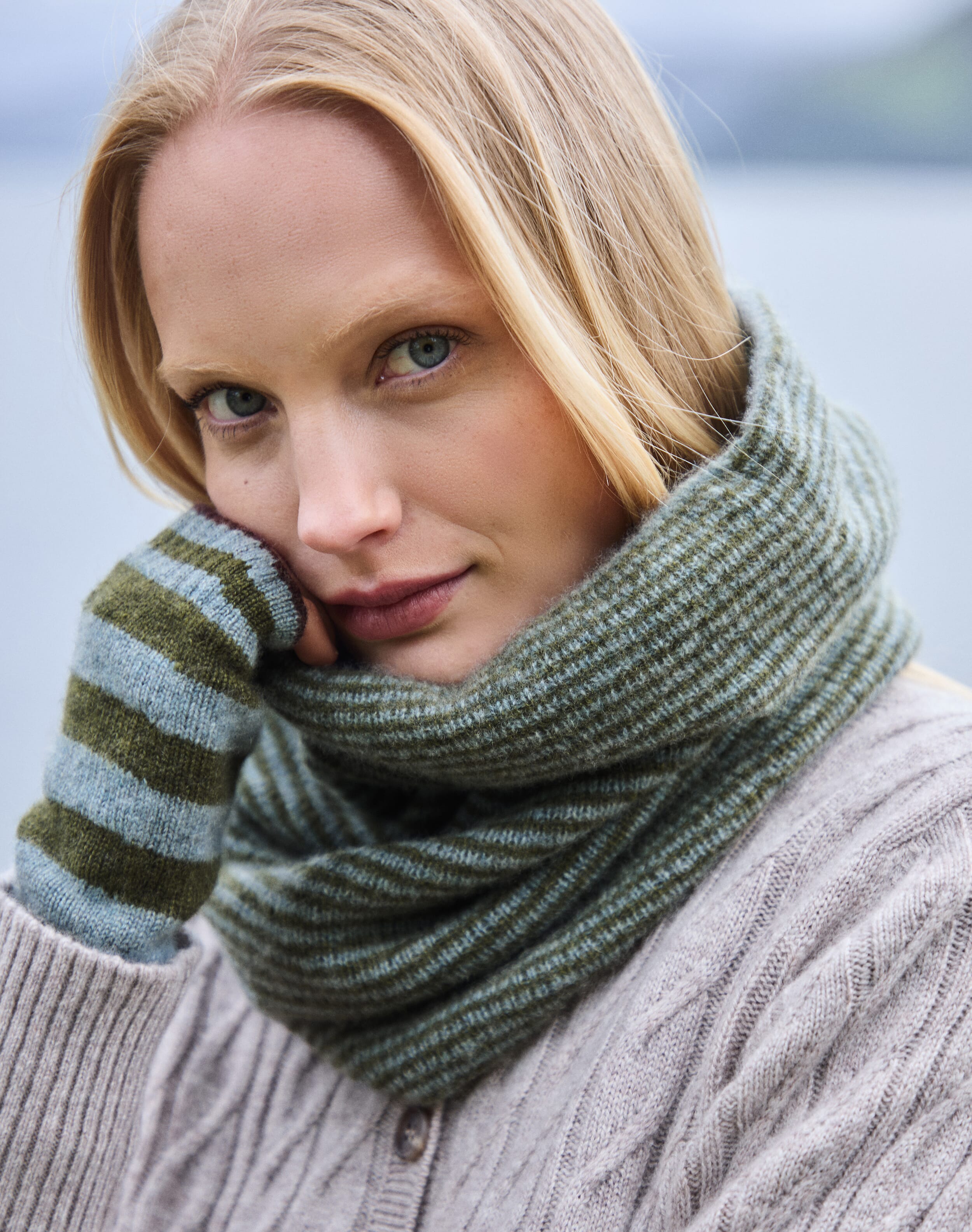 Scottish Cashmere Gauzy Stripe Snood in Mercury & Sorrel