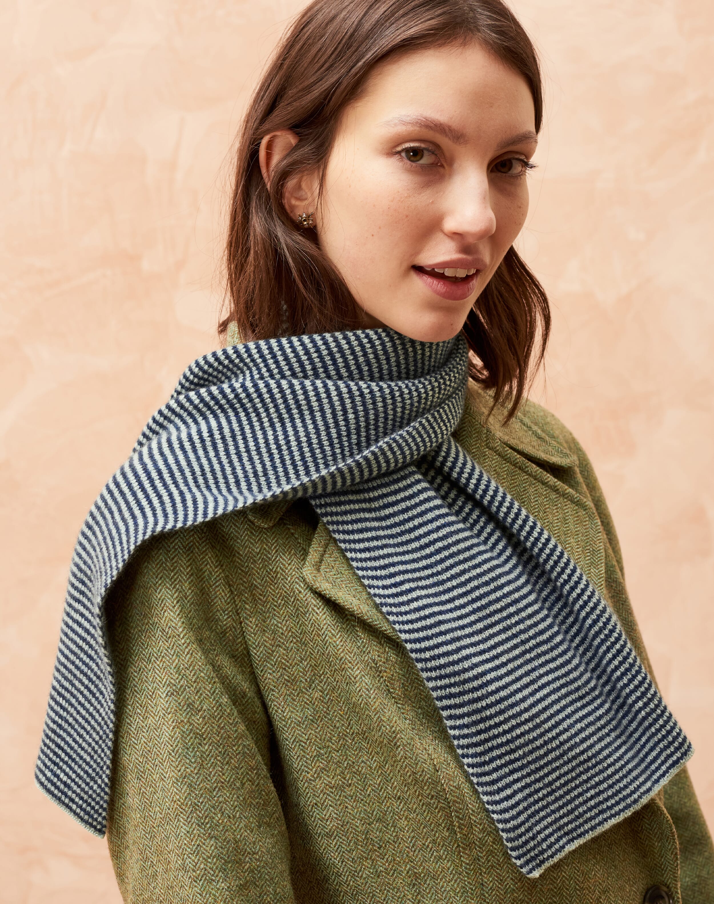 Scottish Cashmere Fine Stripe Scarf in Duck Egg & Raven | Brora