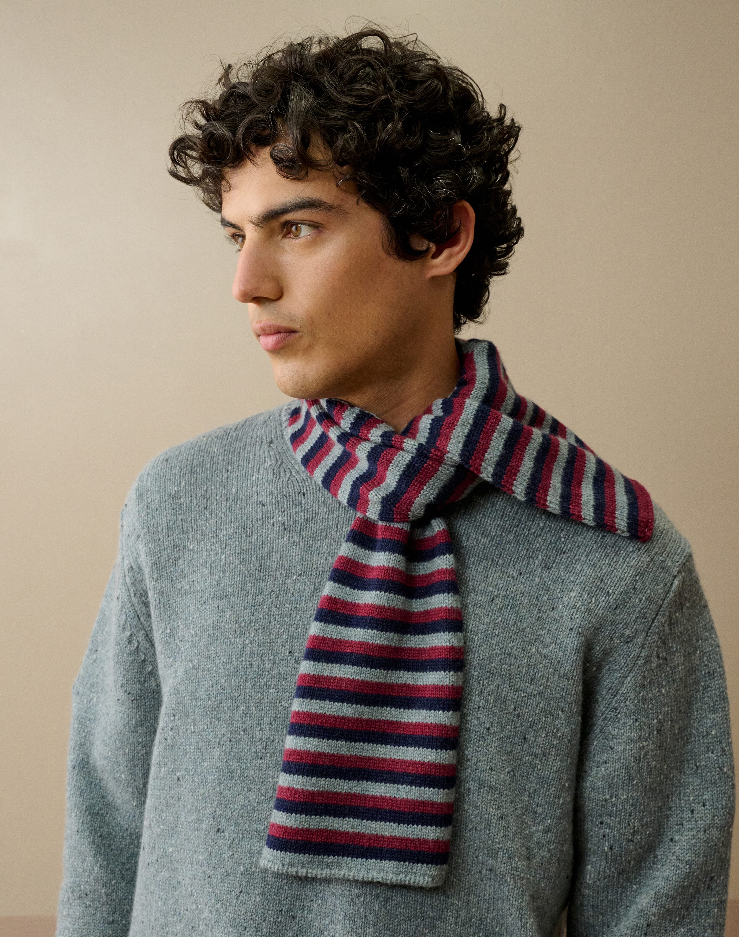 Cashmere Stripe Scarf in Cranberry & French Navy