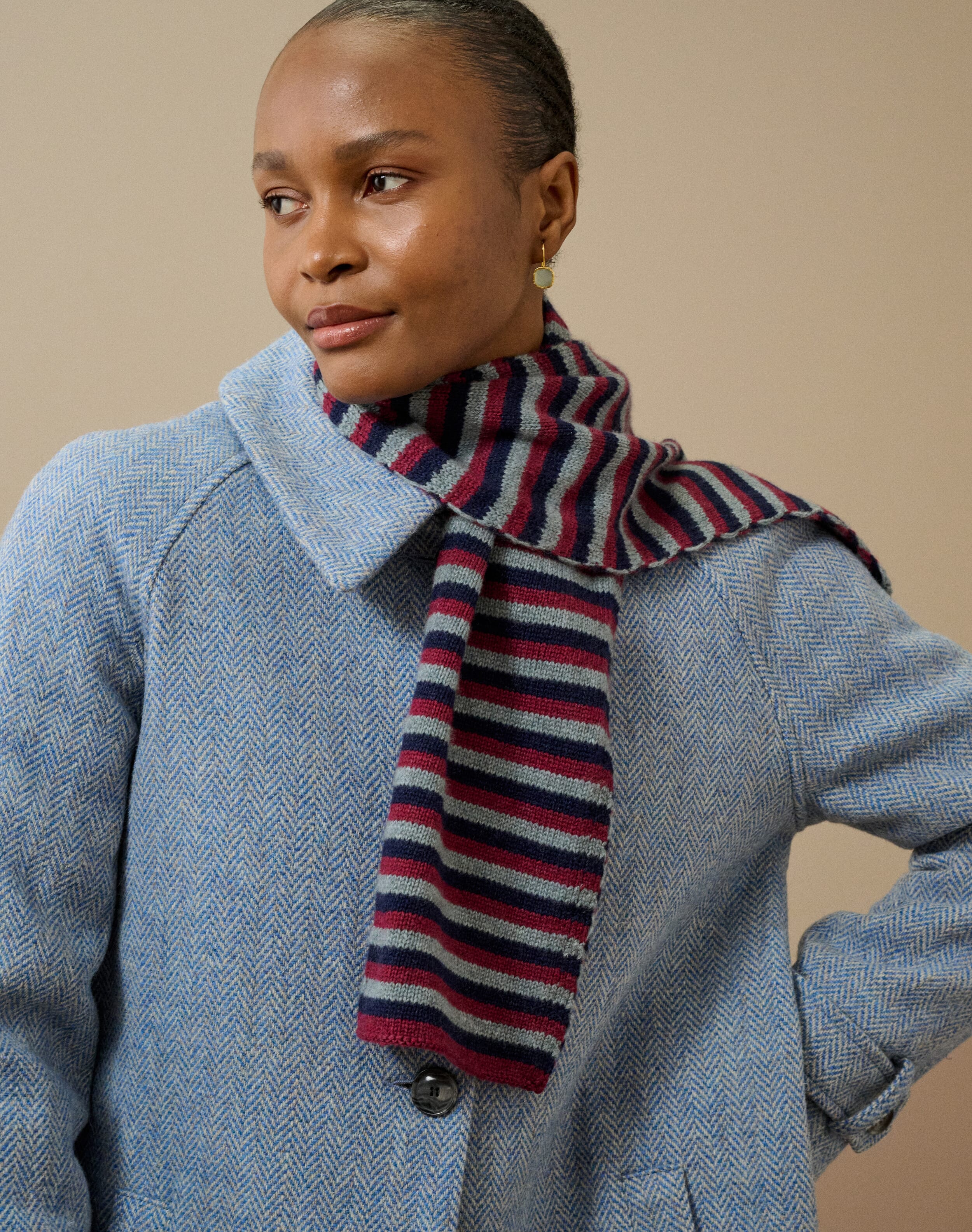 Cashmere Stripe Scarf in Cranberry & French Navy