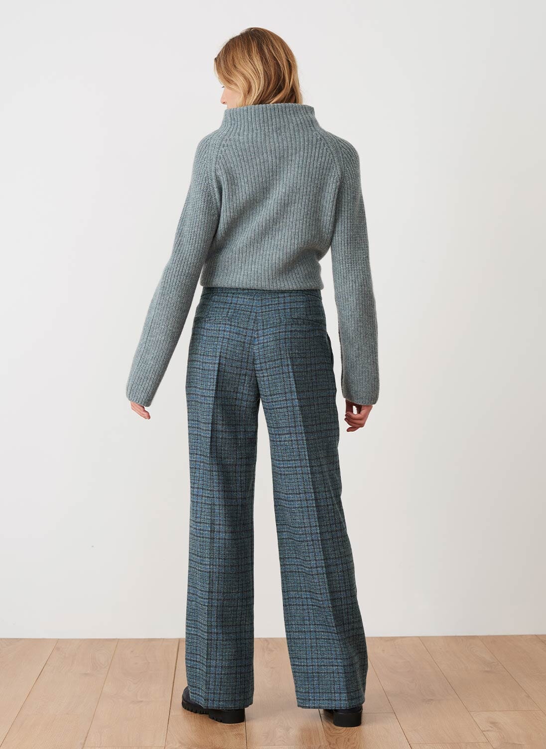 Delft Blue Checked Wool Wide Leg Trousers | Brora