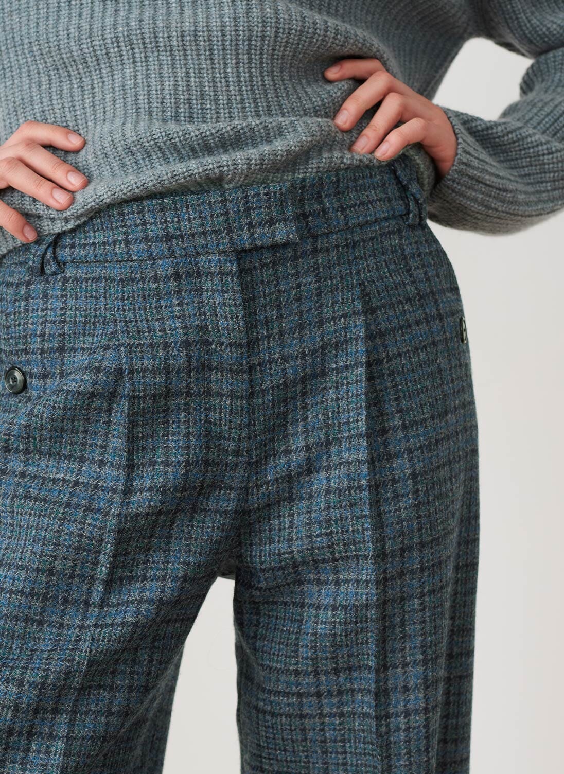 Delft Blue Checked Wool Wide Leg Trousers | Brora
