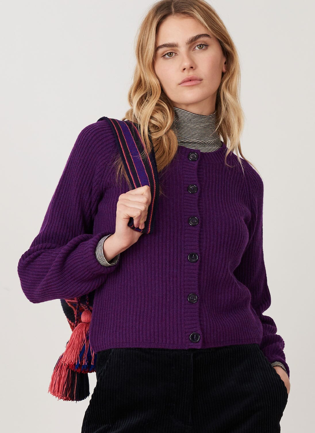 Grape Cashmere Ribbed Cardigan | Women's Knitwear | Brora