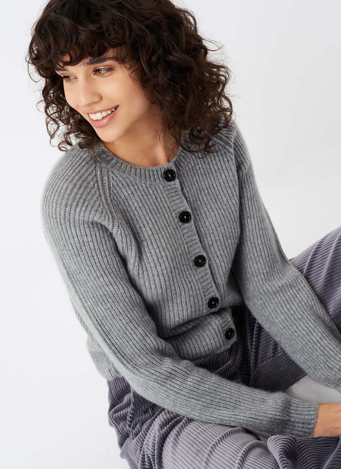 Cashmere Ribbed Cardigan in Silver | Women's Cardigans | Brora