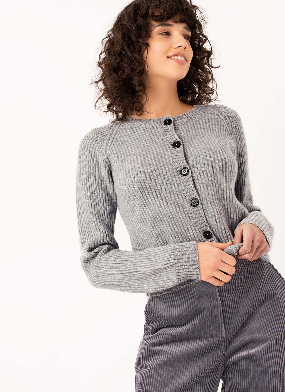 Cashmere Ribbed Cardigan in Silver | Women's Cardigans | Brora