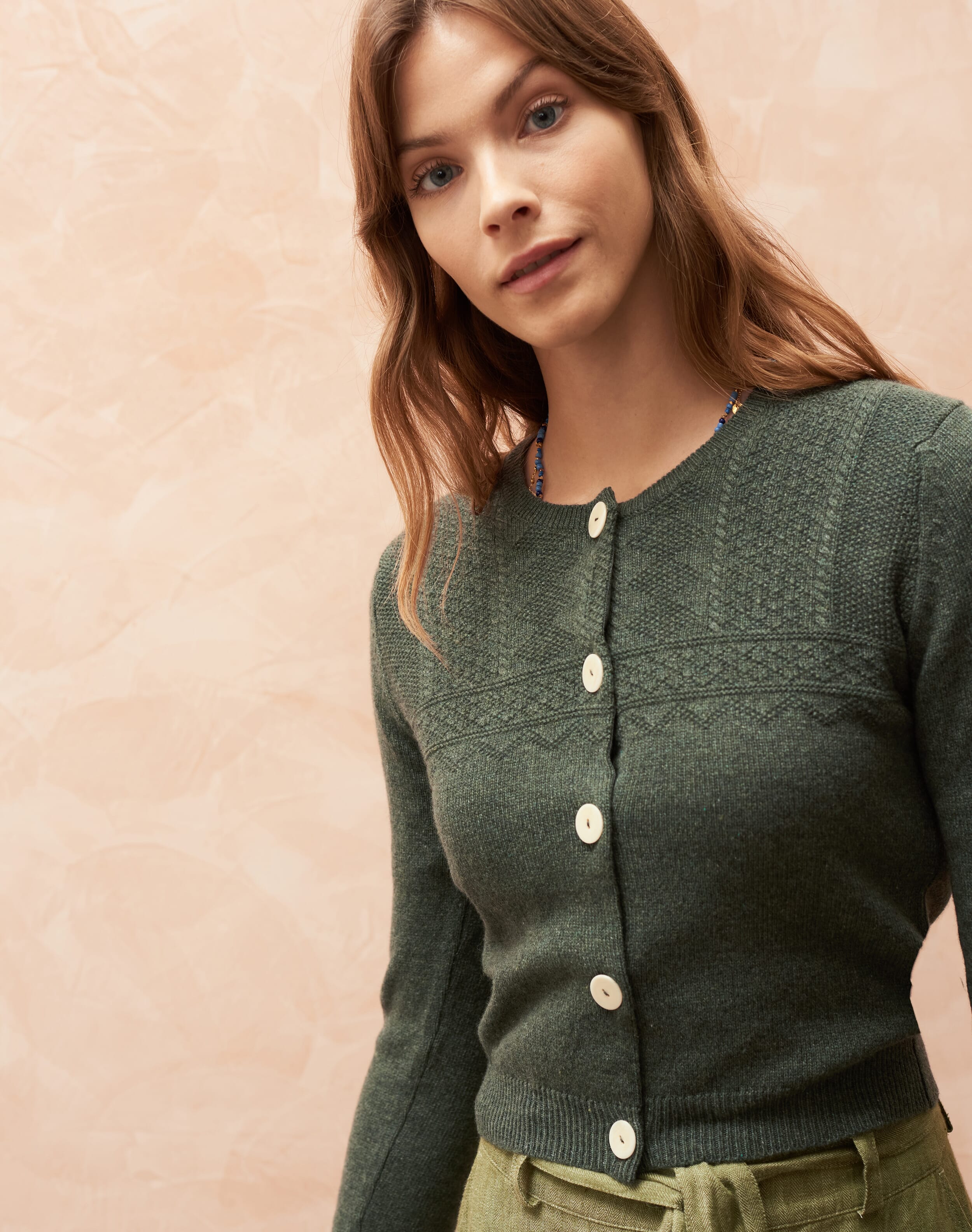Scottish Cashmere Guernsey Cardigan in Olive | Brora