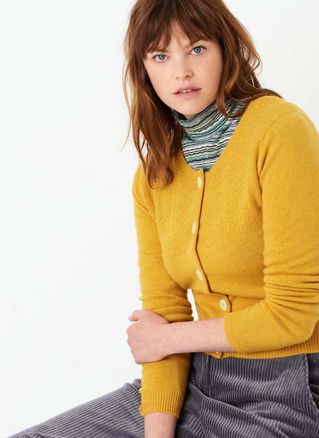 Mustard Cashmere Guernsey Cardigan | Women's Cashmere | Brora UK