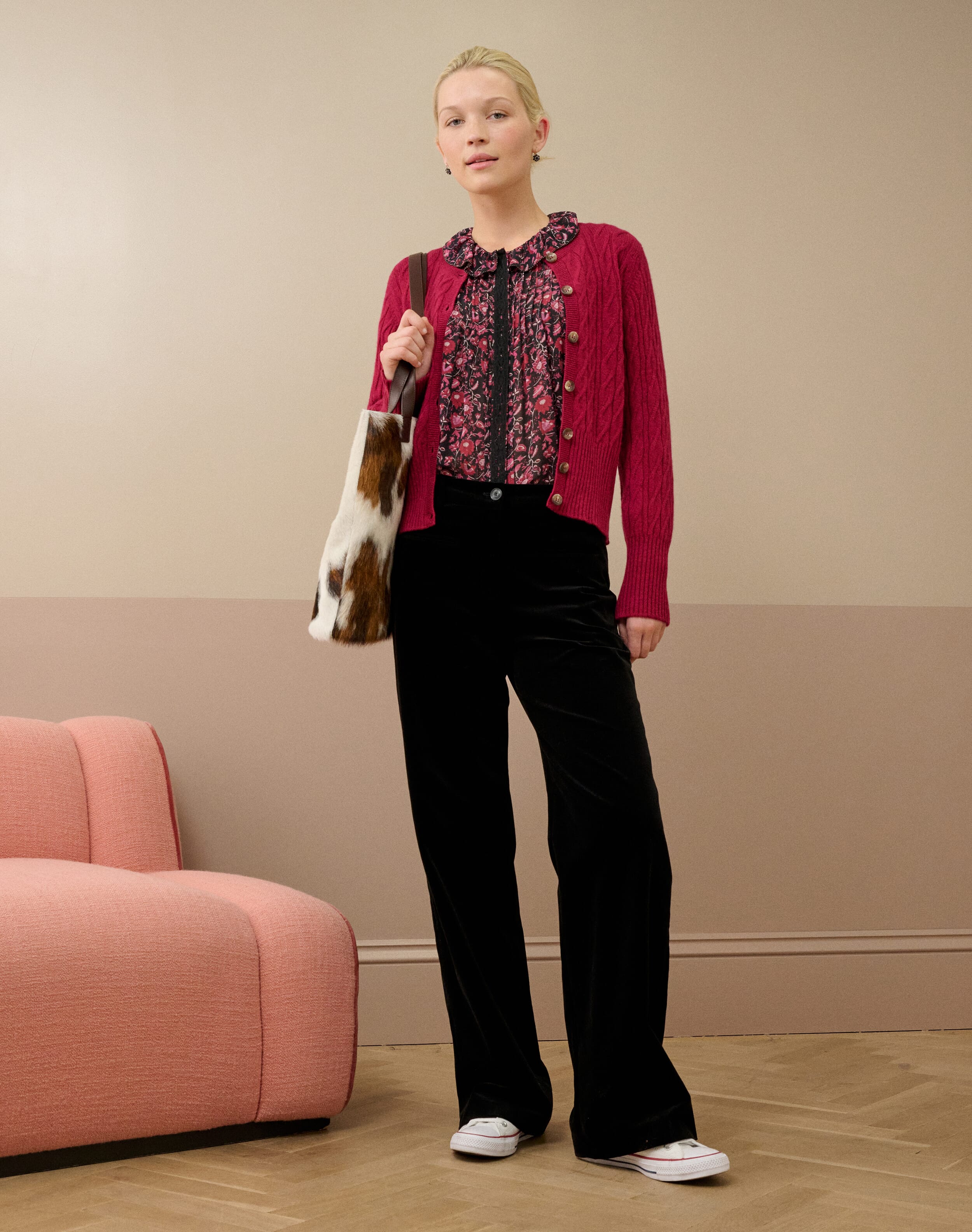 Scottish Cashmere Cable Cardigan in Mulberry | Brora Clearance