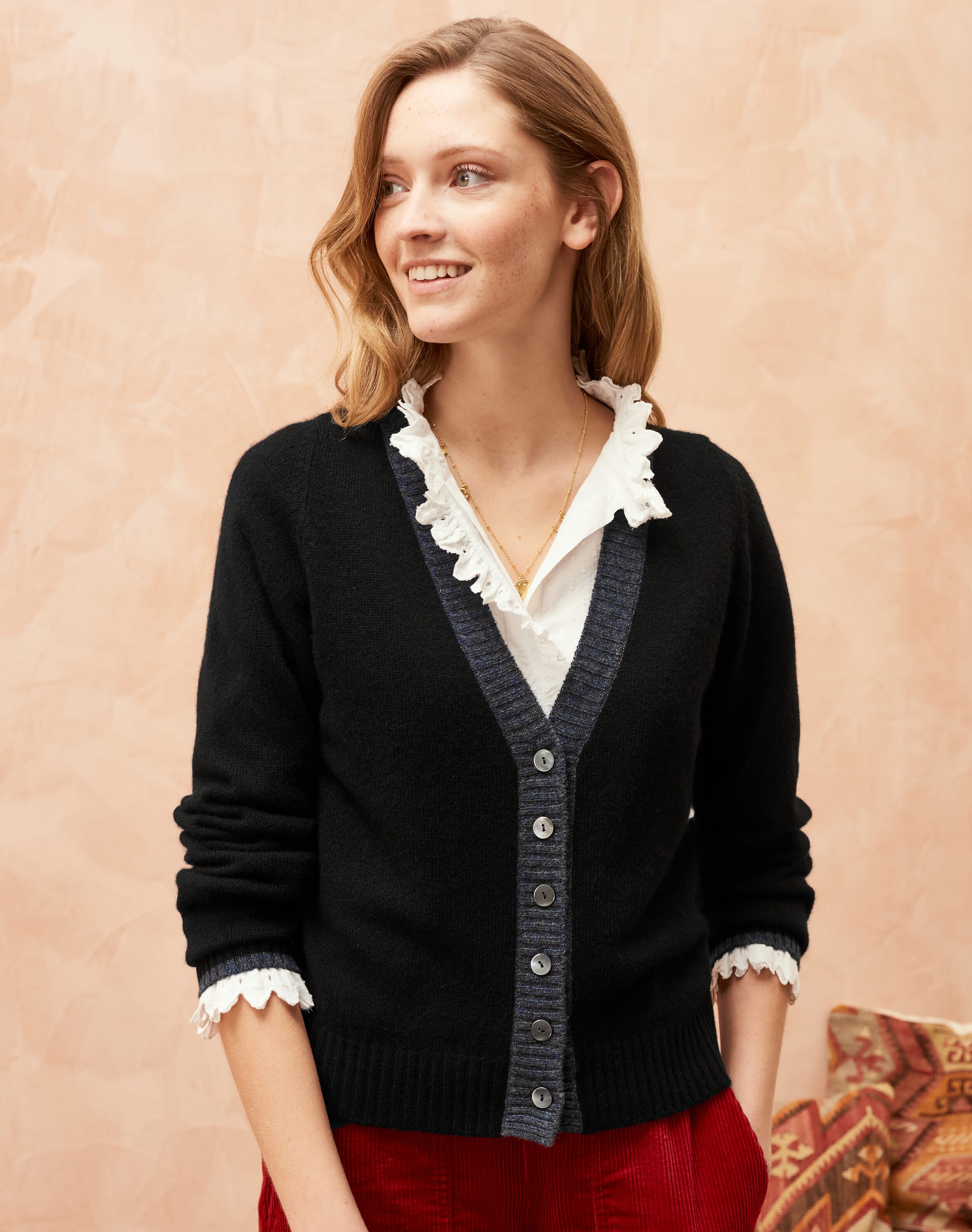 Scottish Cashmere Contrast Trim Cardigan in Black | Brora