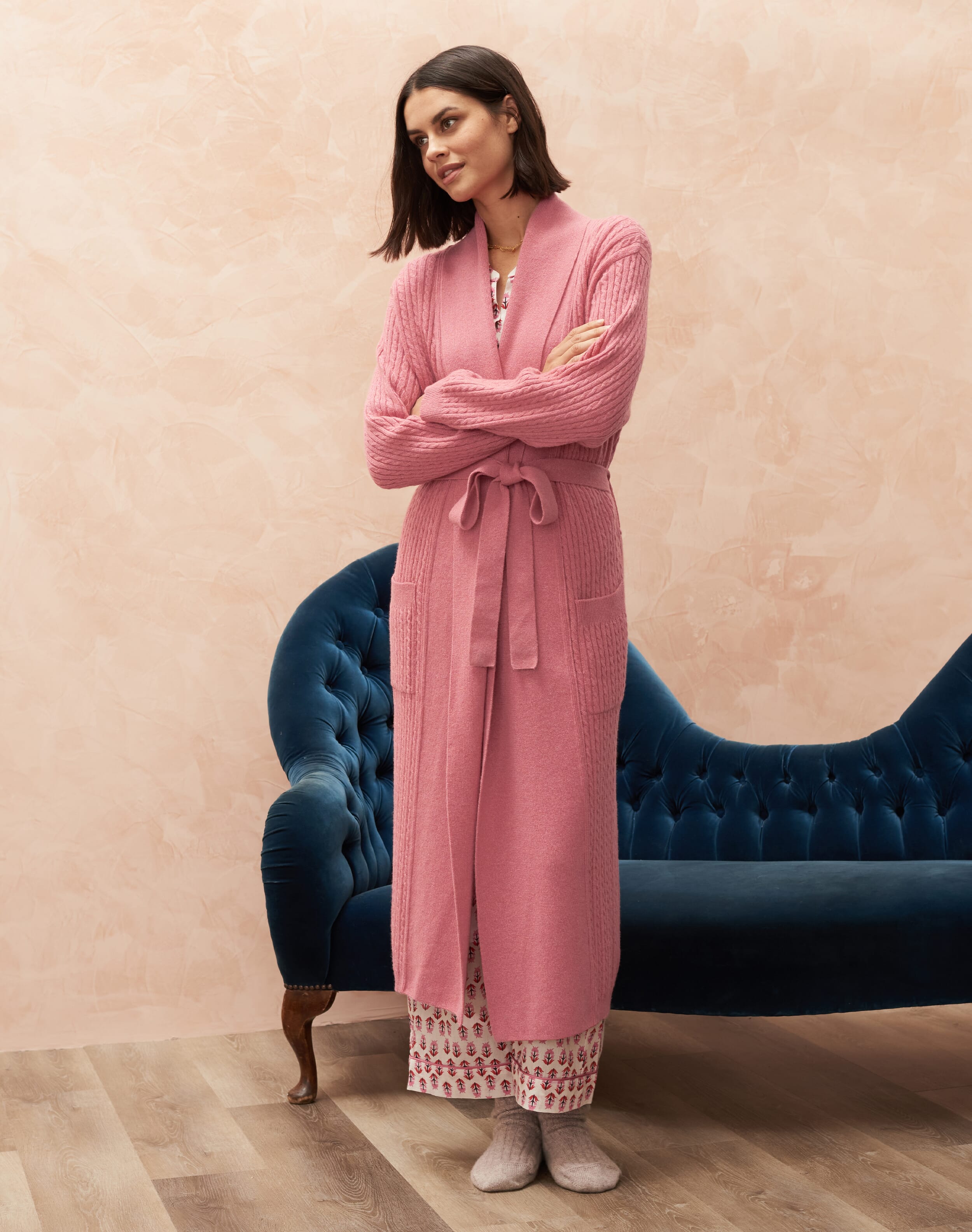 Cashmere Cable Dressing Gown in Old Rose | Brora Nightwear