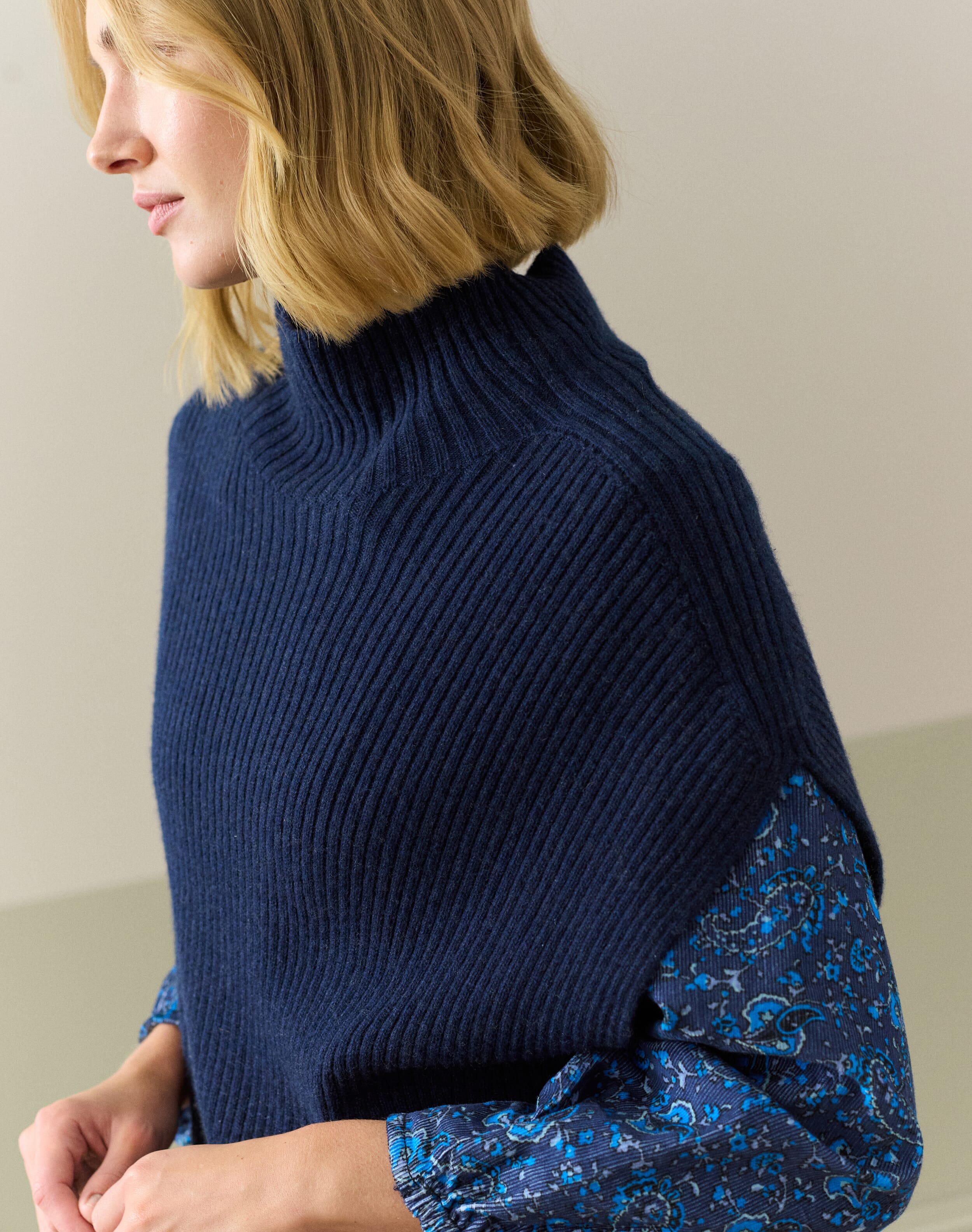 Navy Cashmere Ribbed Poncho | Women's Polonecks | Brora Fashion