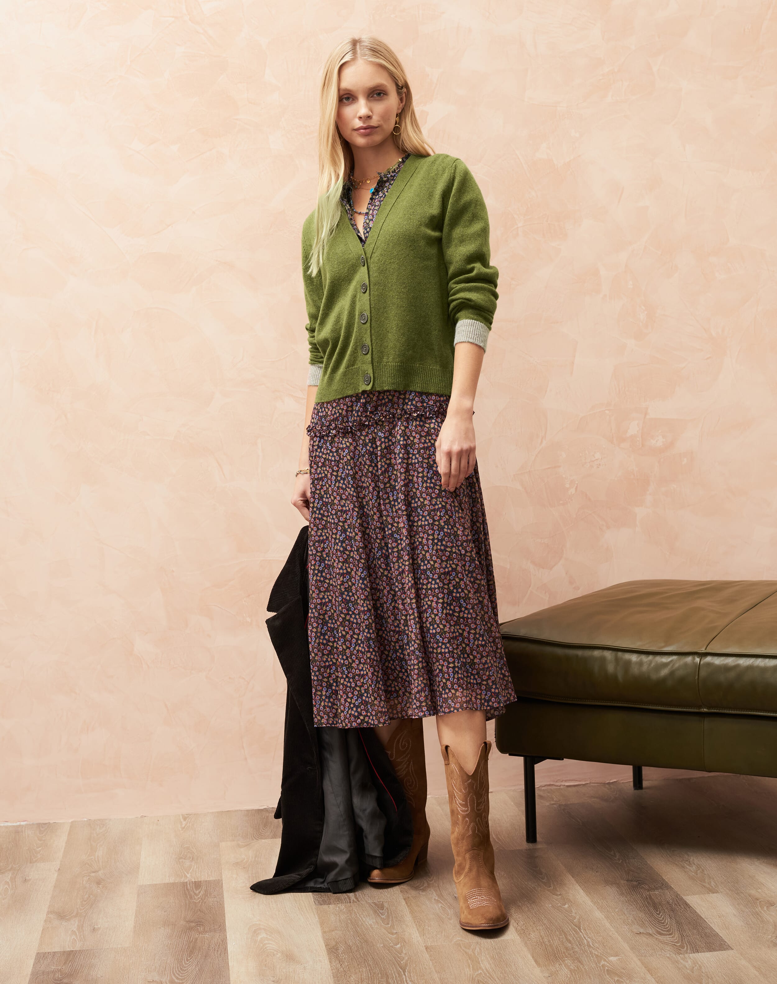 Cashmere Cropped Cardigan in Moss | Women's Knitwear | Brora