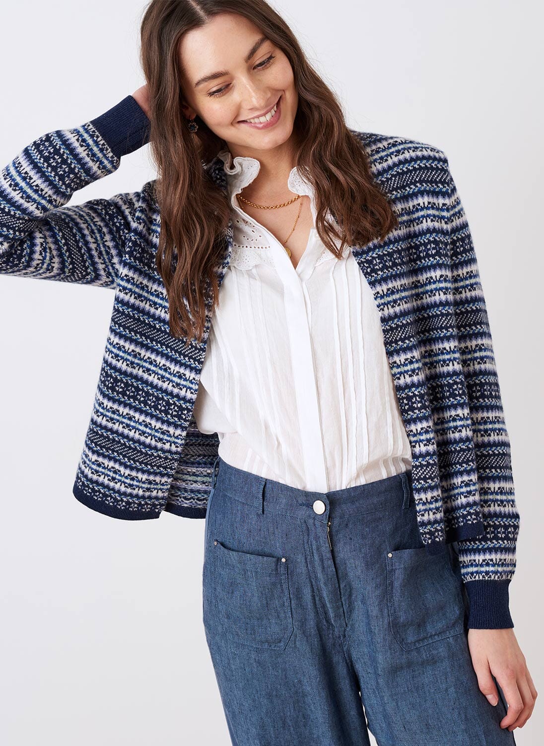 Navy Cashmere Fair Isle Shawl Cardigan | Cardigans | Brora