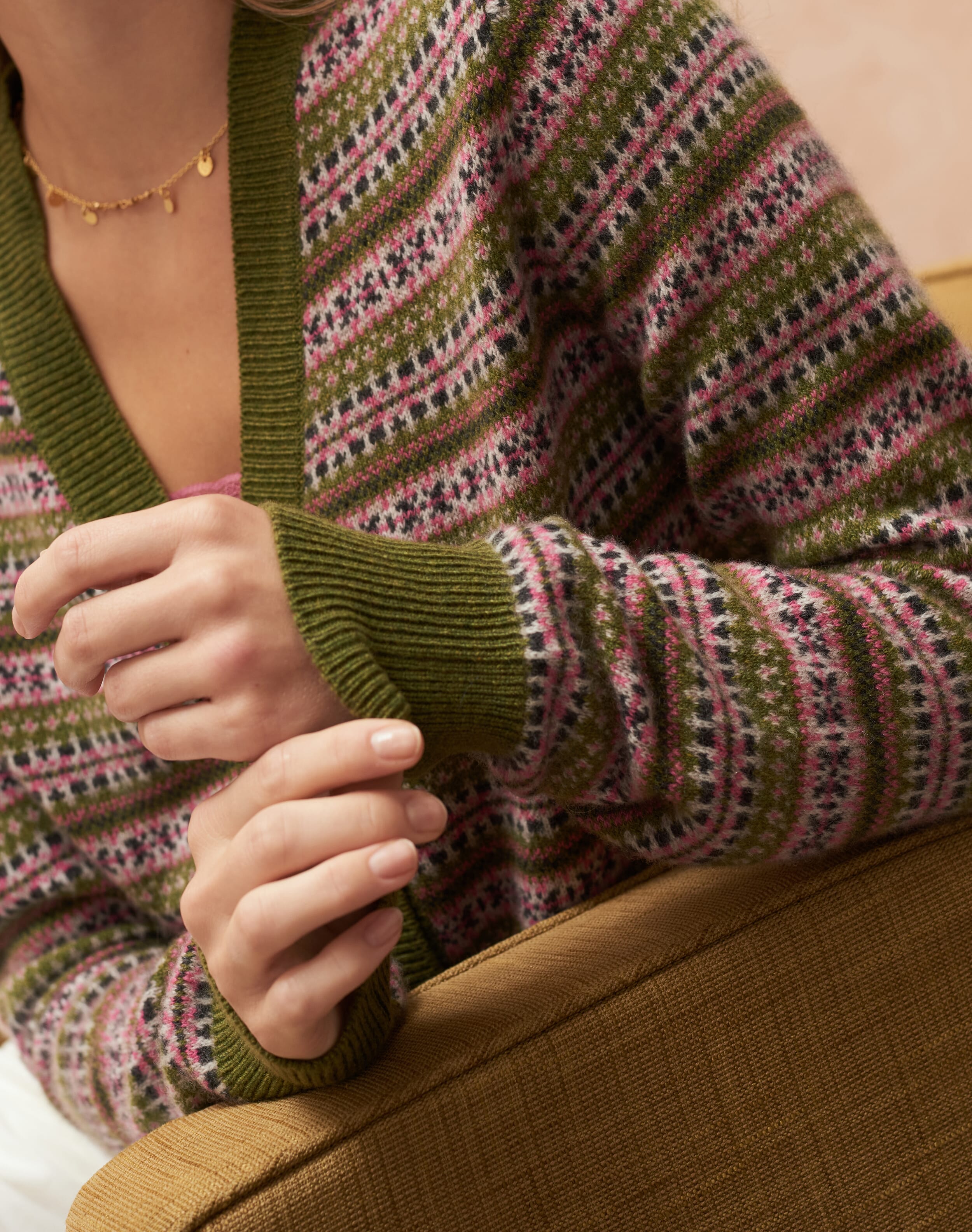 Cashmere Fair Isle V Neck Cardigan in Moss | Women's Knitwear | Brora
