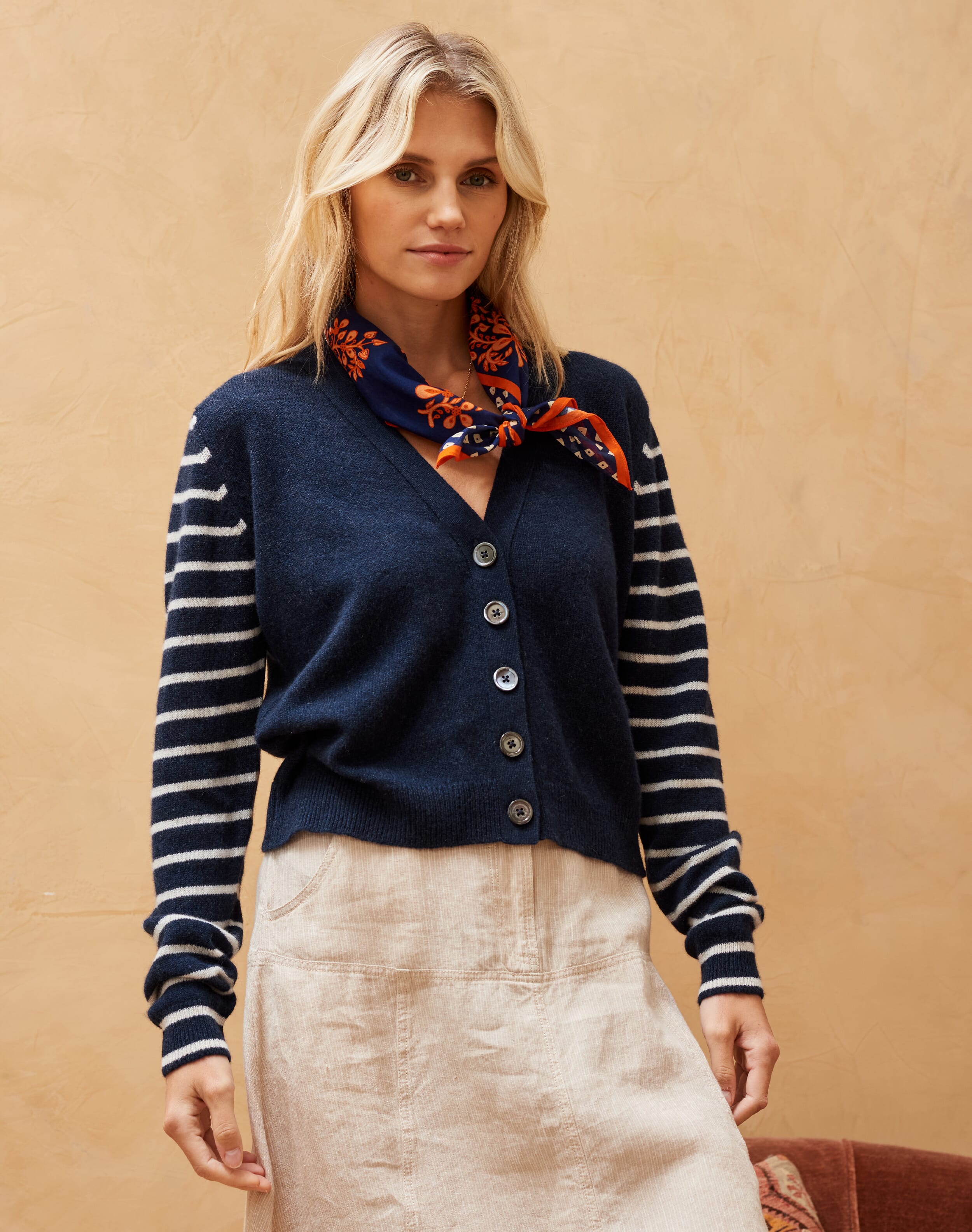 Navy Cashmere Contrast Cardigan | Women's Cardigans | Brora Fashion