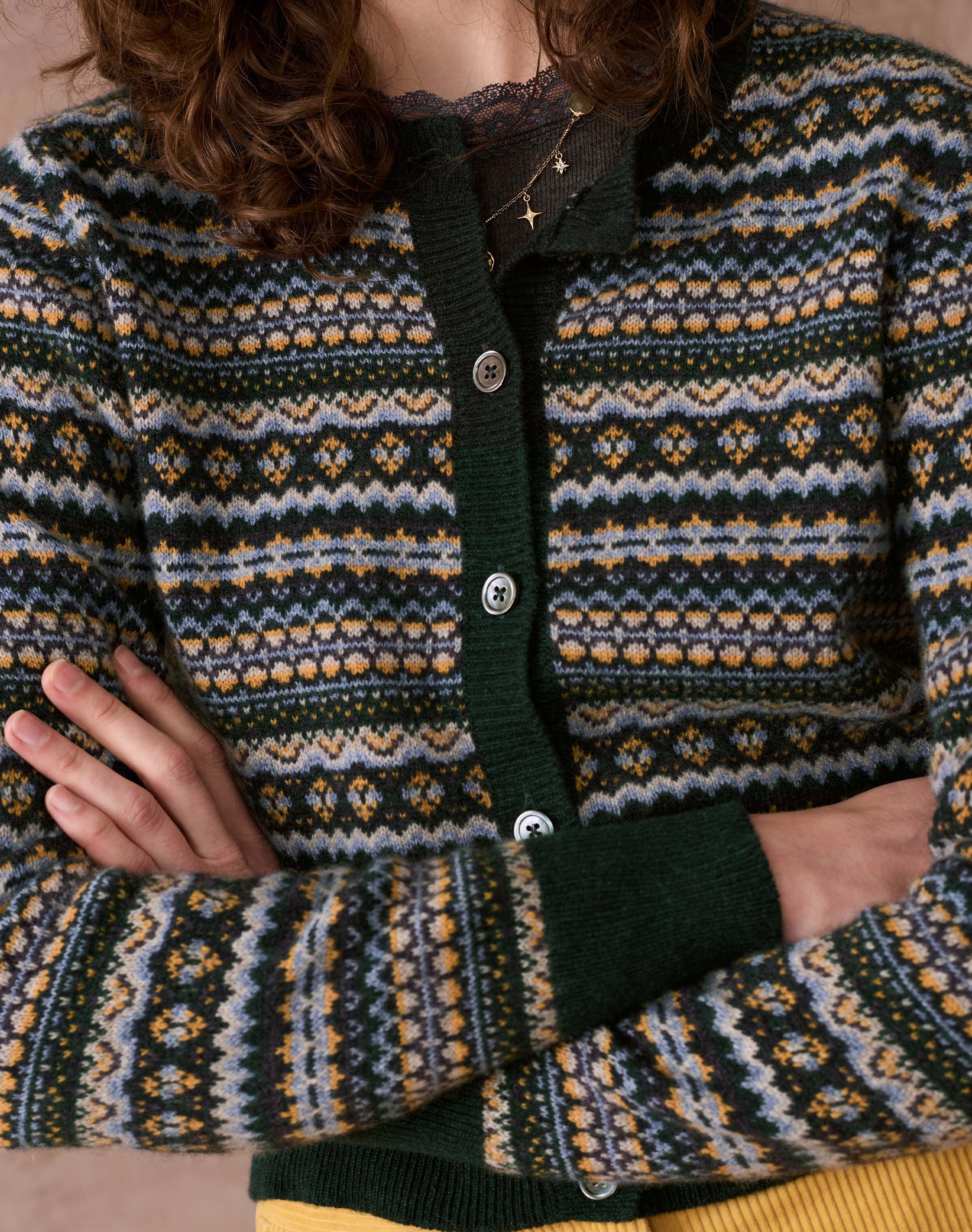 Green Cashmere Fair Isle Cardigan | Women's Knitwear | Brora