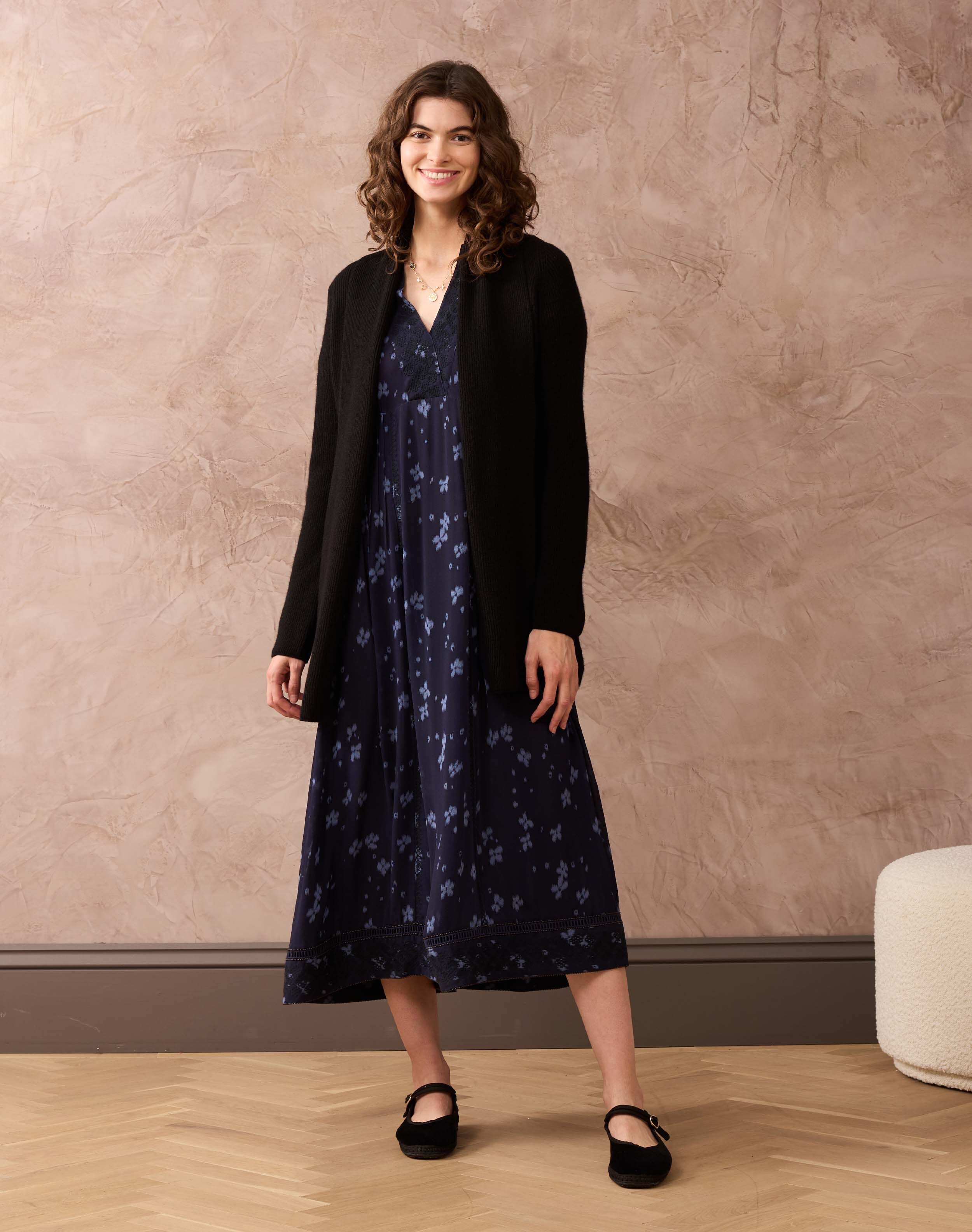 Scottish Cashmere Shawl Ribbed Cardigan in Black | Cardigans | Brora