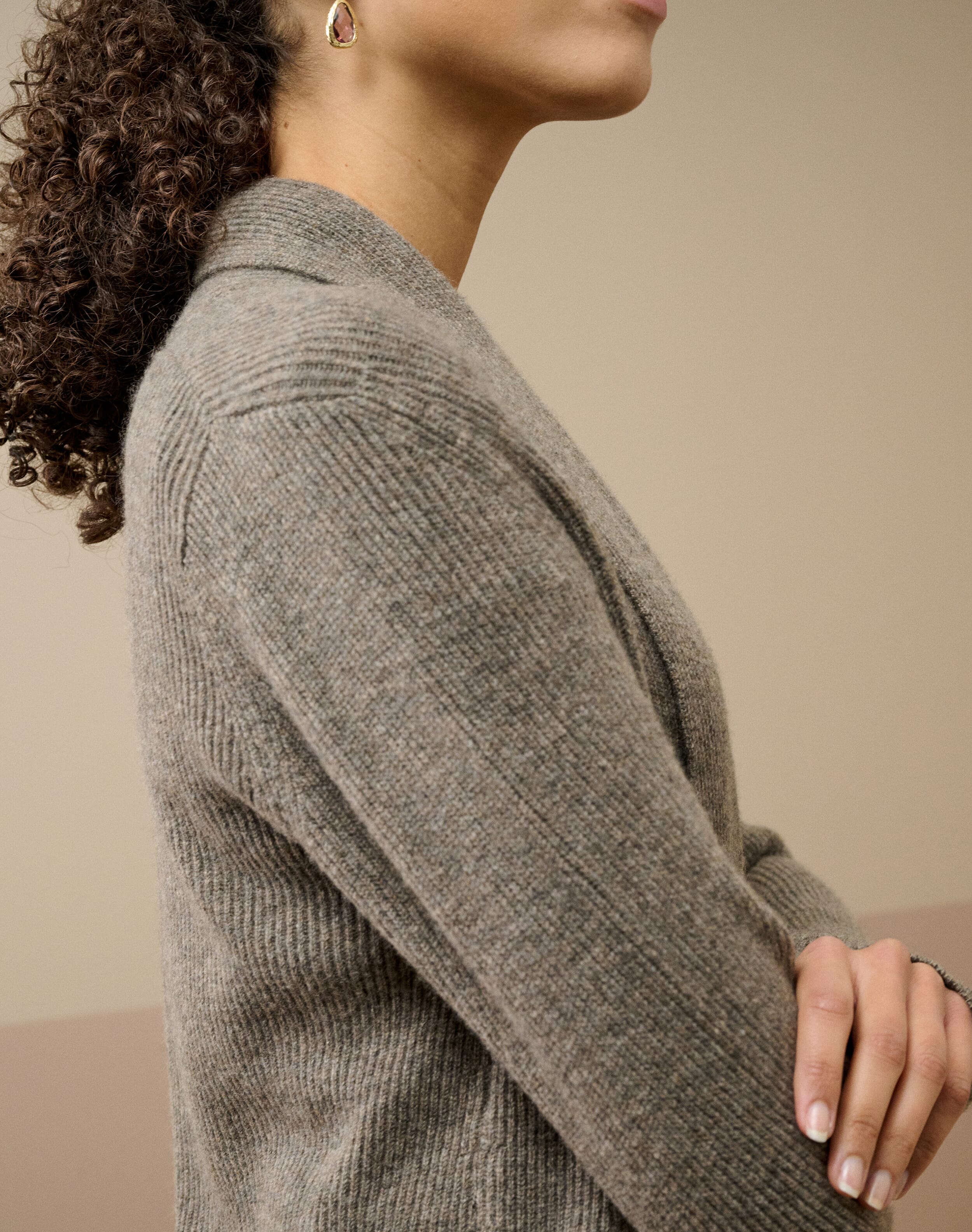 Cashmere Shawl Ribbed Cardigan in Mushroom | Brora Clearance