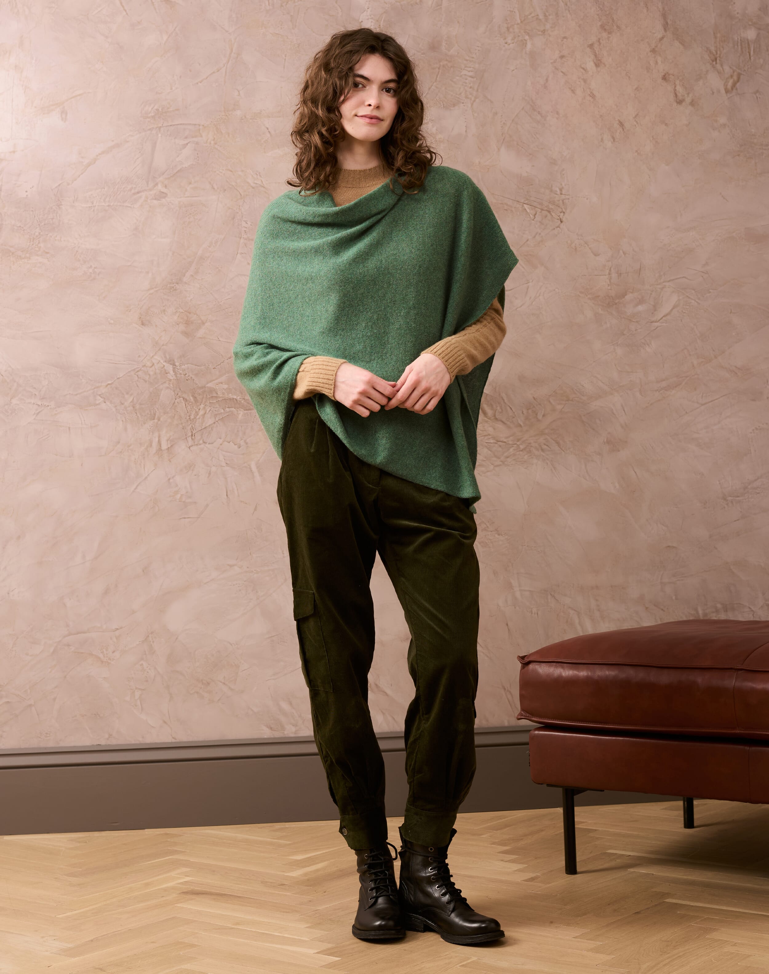 Women's Cashmere Gauzy Knit Poncho in Thyme | Brora Clothing