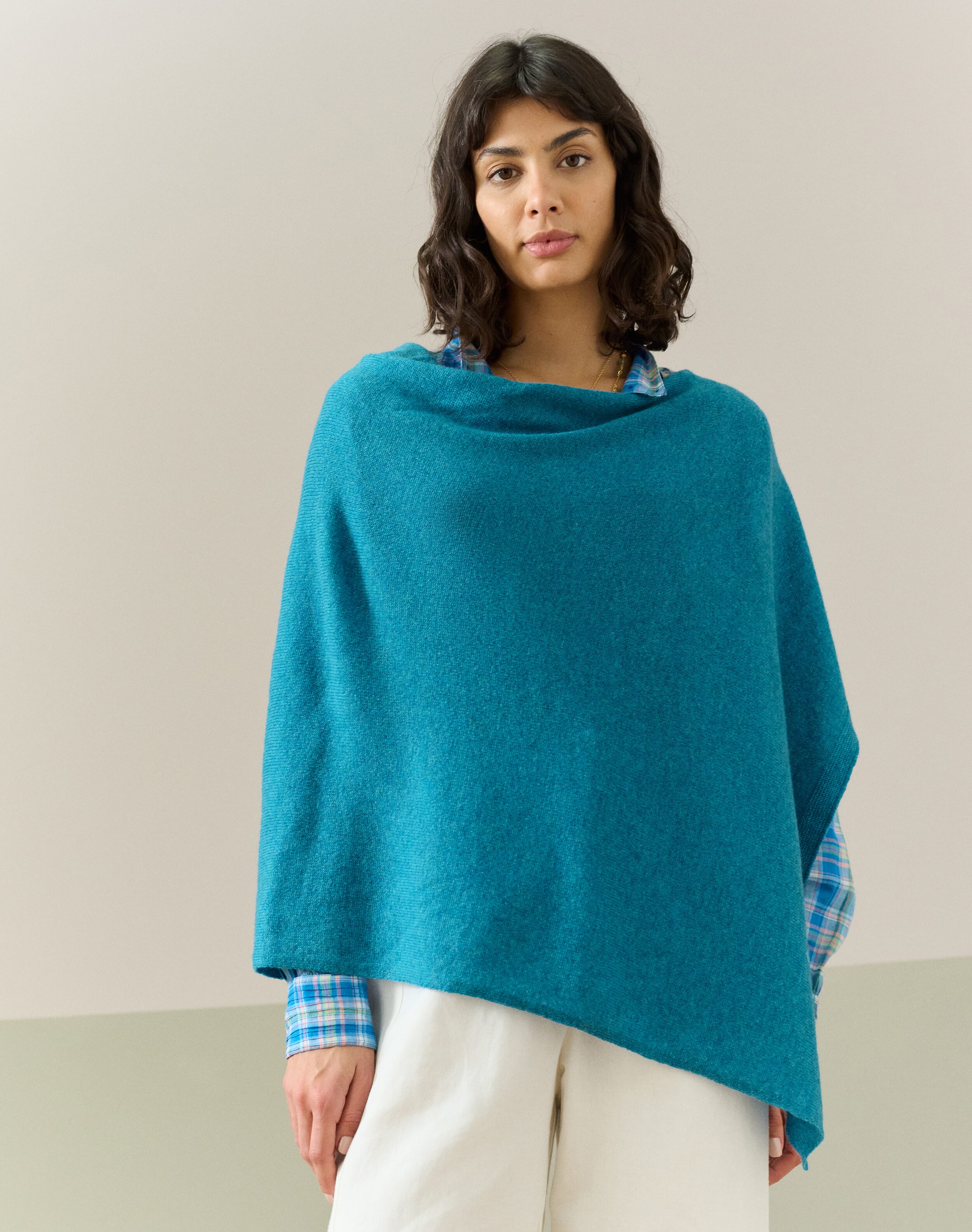 Women's Cashmere Gauzy Knit Poncho in Kingfisher | Brora