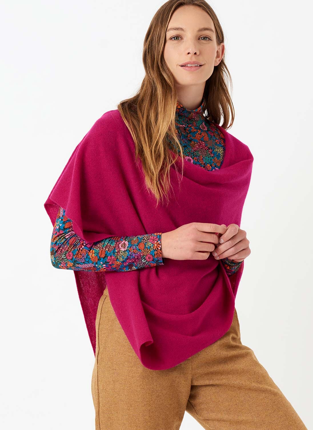 Magenta Cashmere Gauzy Knit Poncho | Women's Cashmere | Brora UK