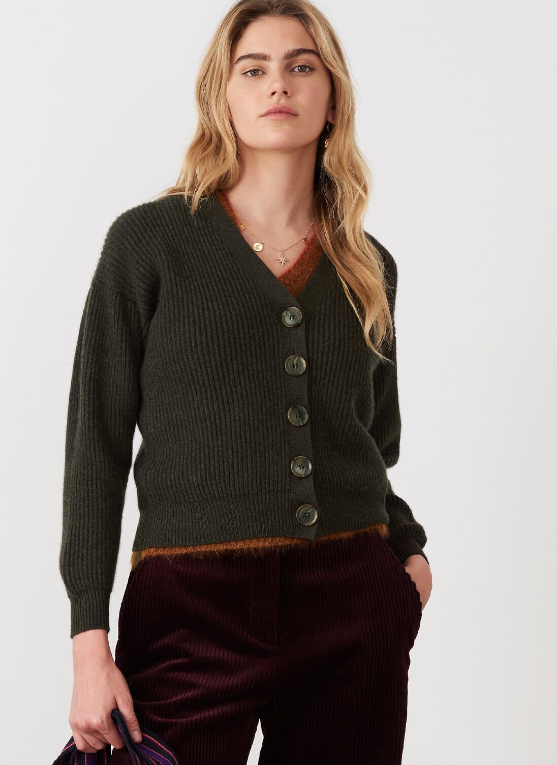 Peat Cashmere V Neck Ribbed Cardigan | Women's Knitwear | Brora