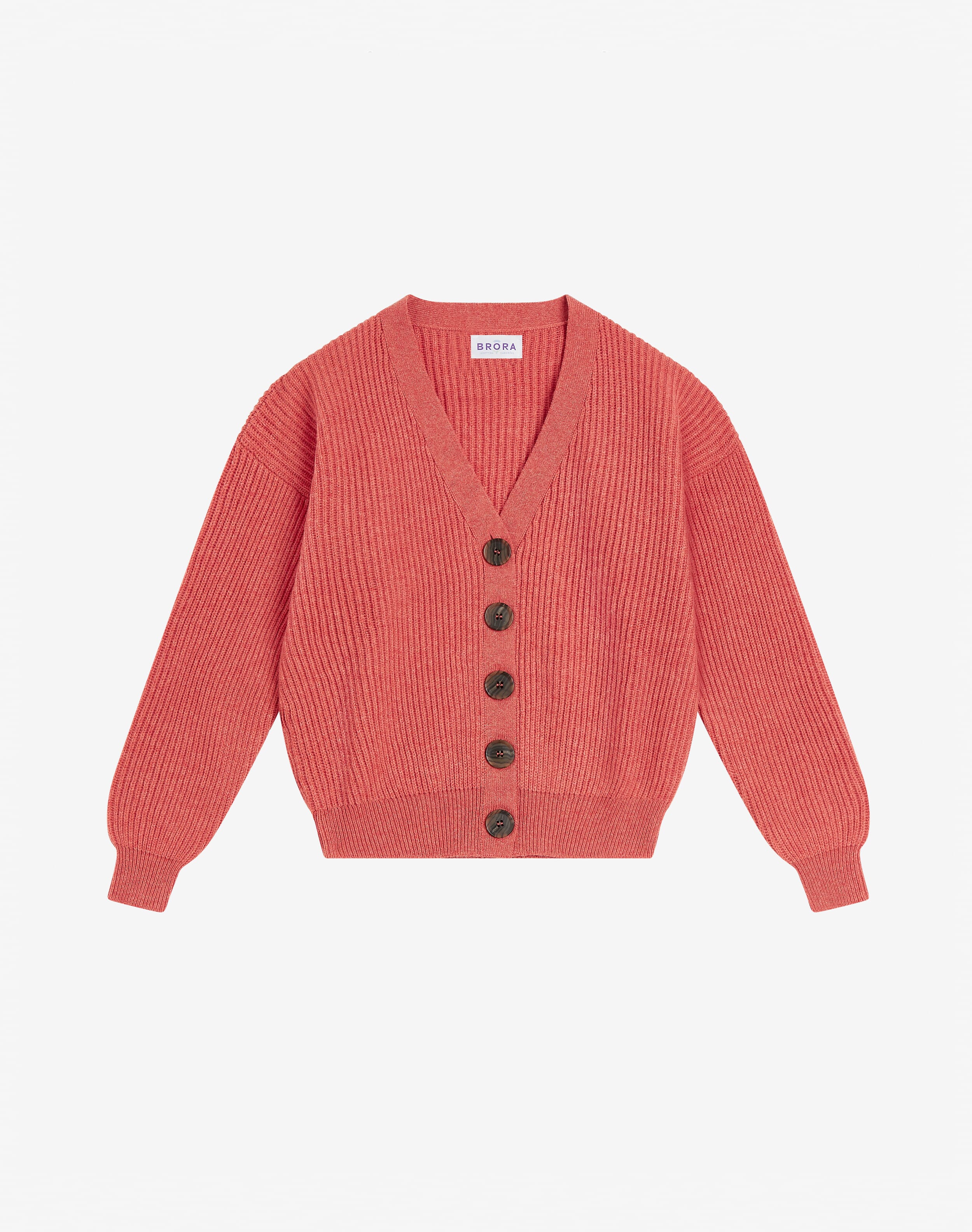 Scottish Cashmere V Neck Ribbed Cardigan in Coral | Brora