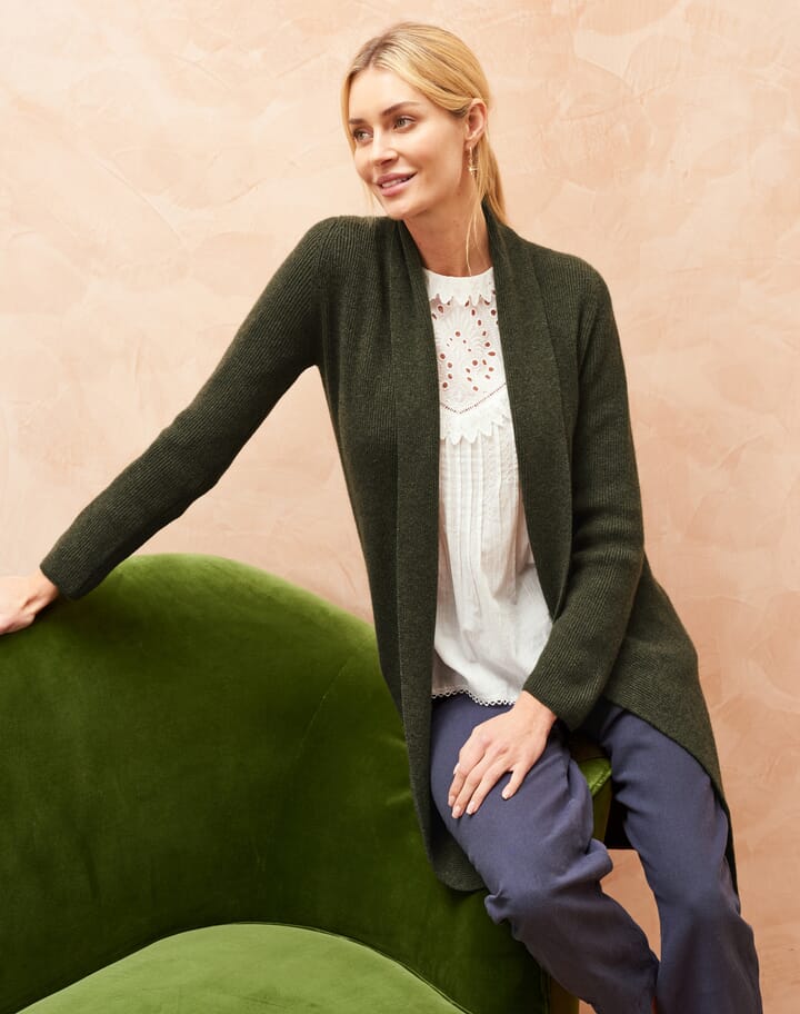 Scottish Cashmere Shawl Long Ribbed Cardigan in Sorrel | Knitwear | Brora