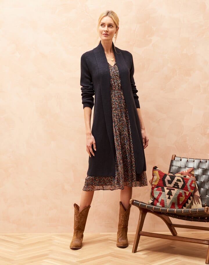 Scottish Cashmere Shawl Long Ribbed Cardigan in Midnight | Knitwear | Brora
