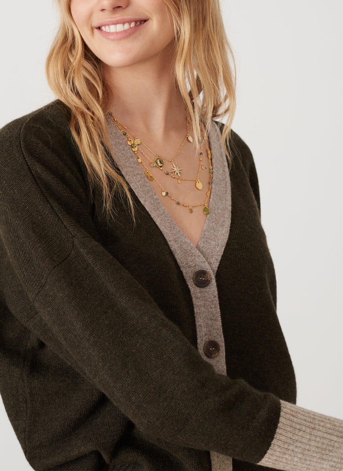 Peat & Ash Cashmere Contrast Trim Cardigan| Brora