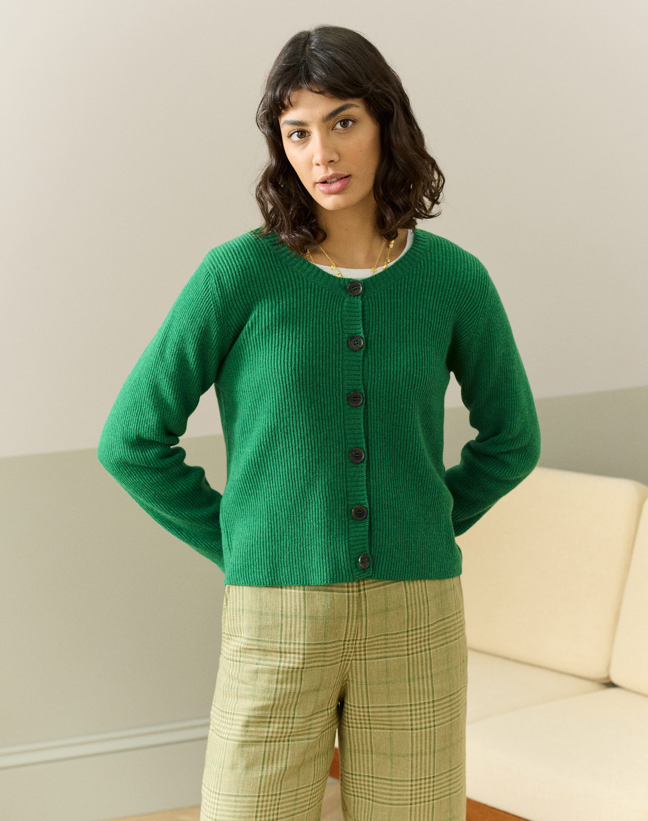 Cashmere Ribbed Cardigan in Meadow | Cardigans | Brora
