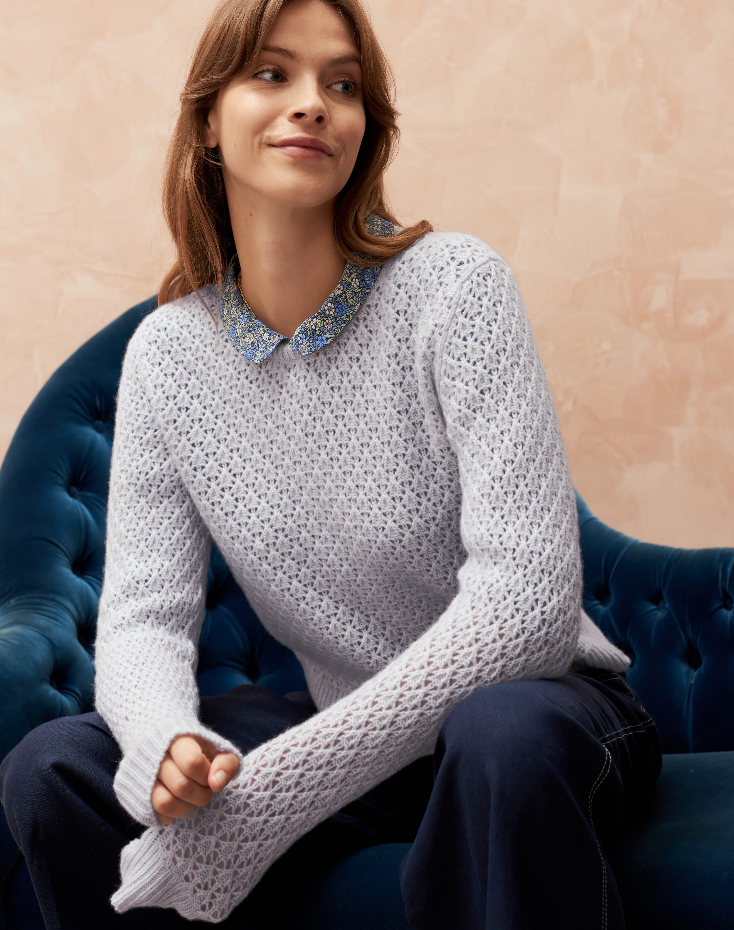 Scottish Cashmere Cobweb Lace Jumper in Pearl | Brora